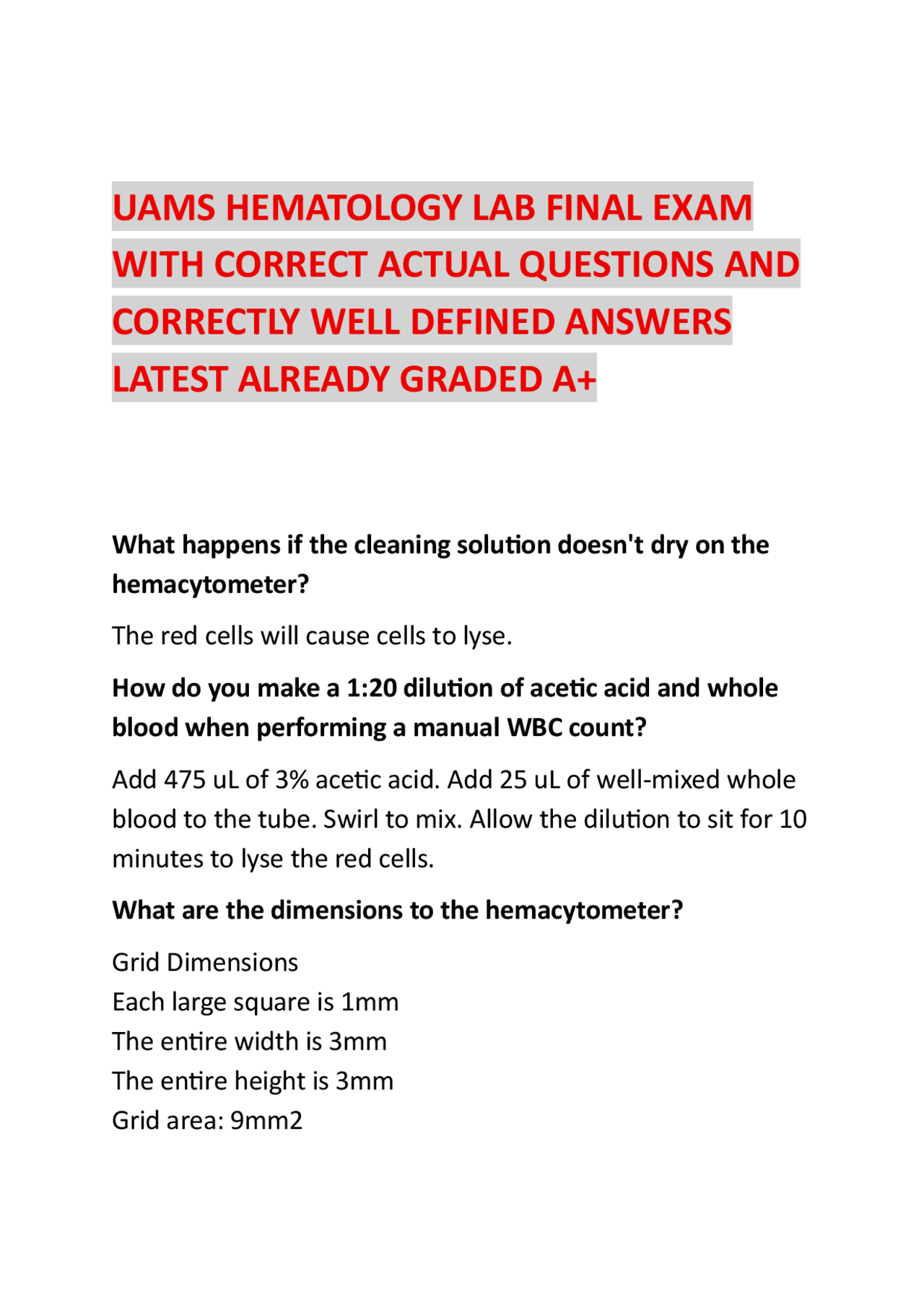 UAMS HEMATOLOGY LAB FINAL EXAM WITH CORRECT ACTUAL QUESTIONS | Exams ...