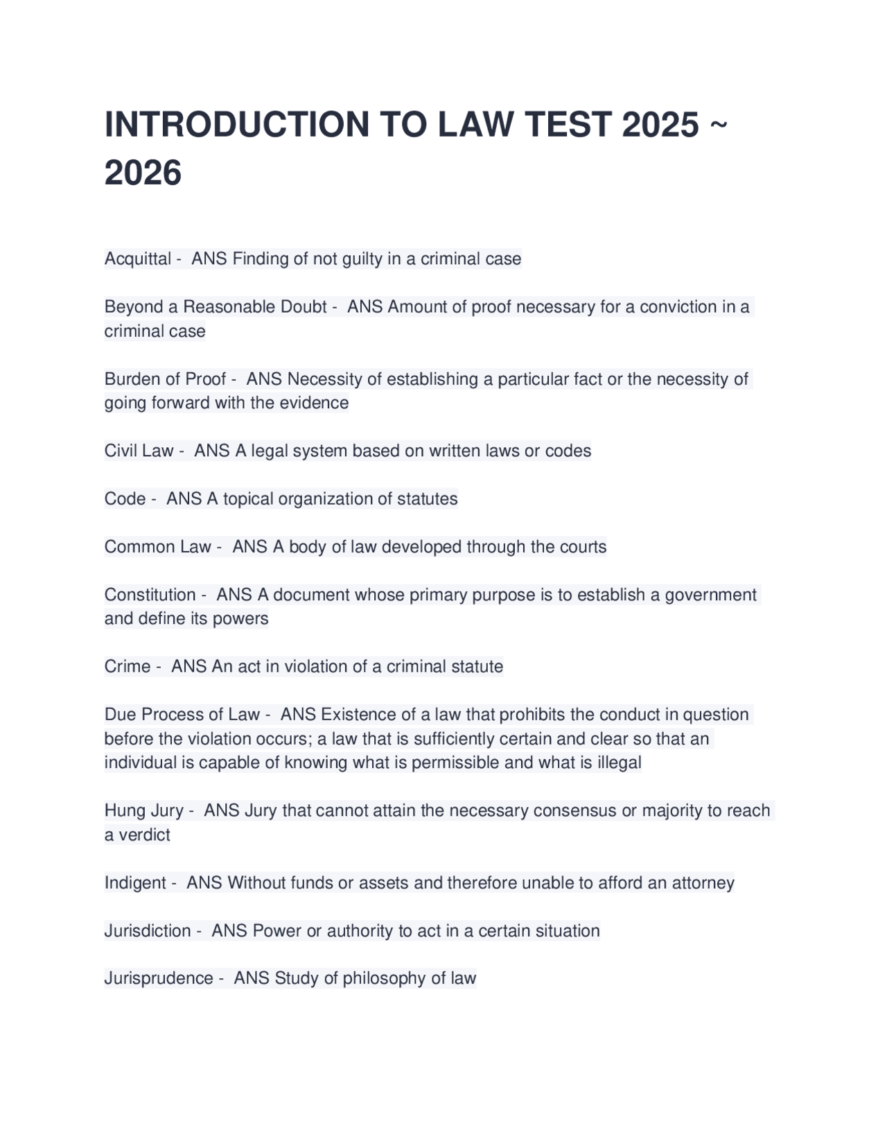 INTRODUCTION TO LAW TEST 2025 ~ 2026 | Exercises Law | Docsity