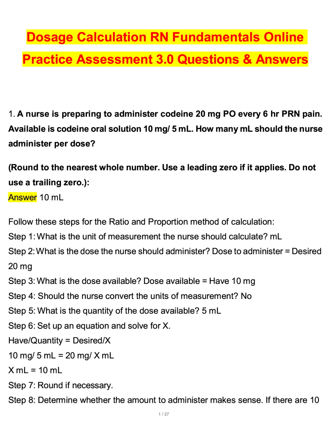 Dosage Calculation RN Fundamentals Practice Assessment 3.0: 50 Q&A ...