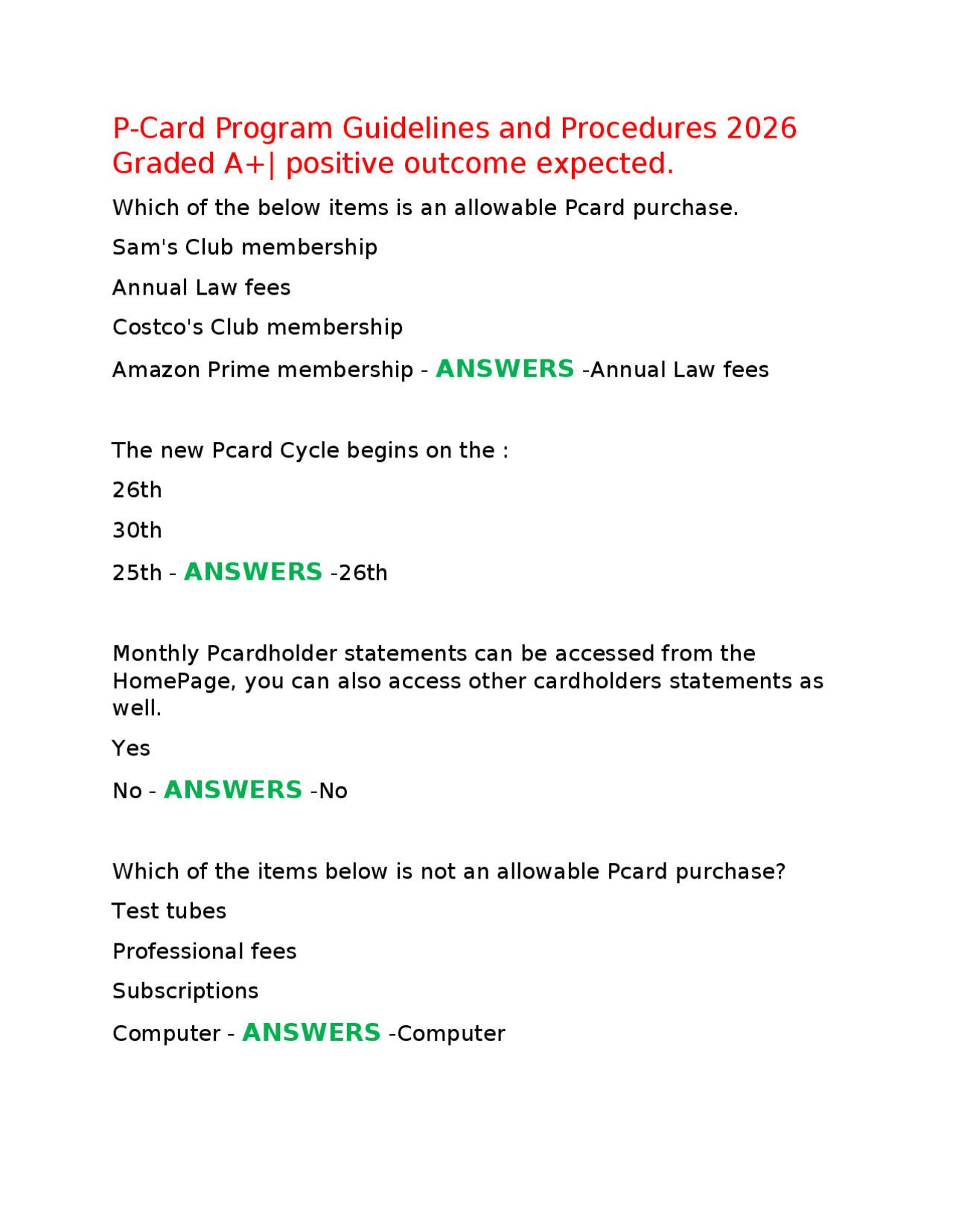 P-Card Program Guidelines and Procedures 2026 Graded A+| positive ...