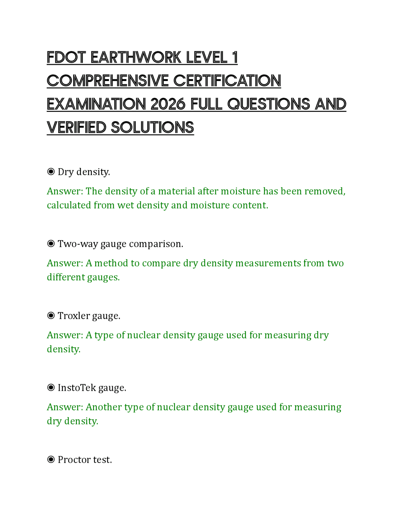 FDOT EARTHWORK LEVEL 1 COMPREHENSIVE CERTIFICATION EXAMINATION 2026 ...