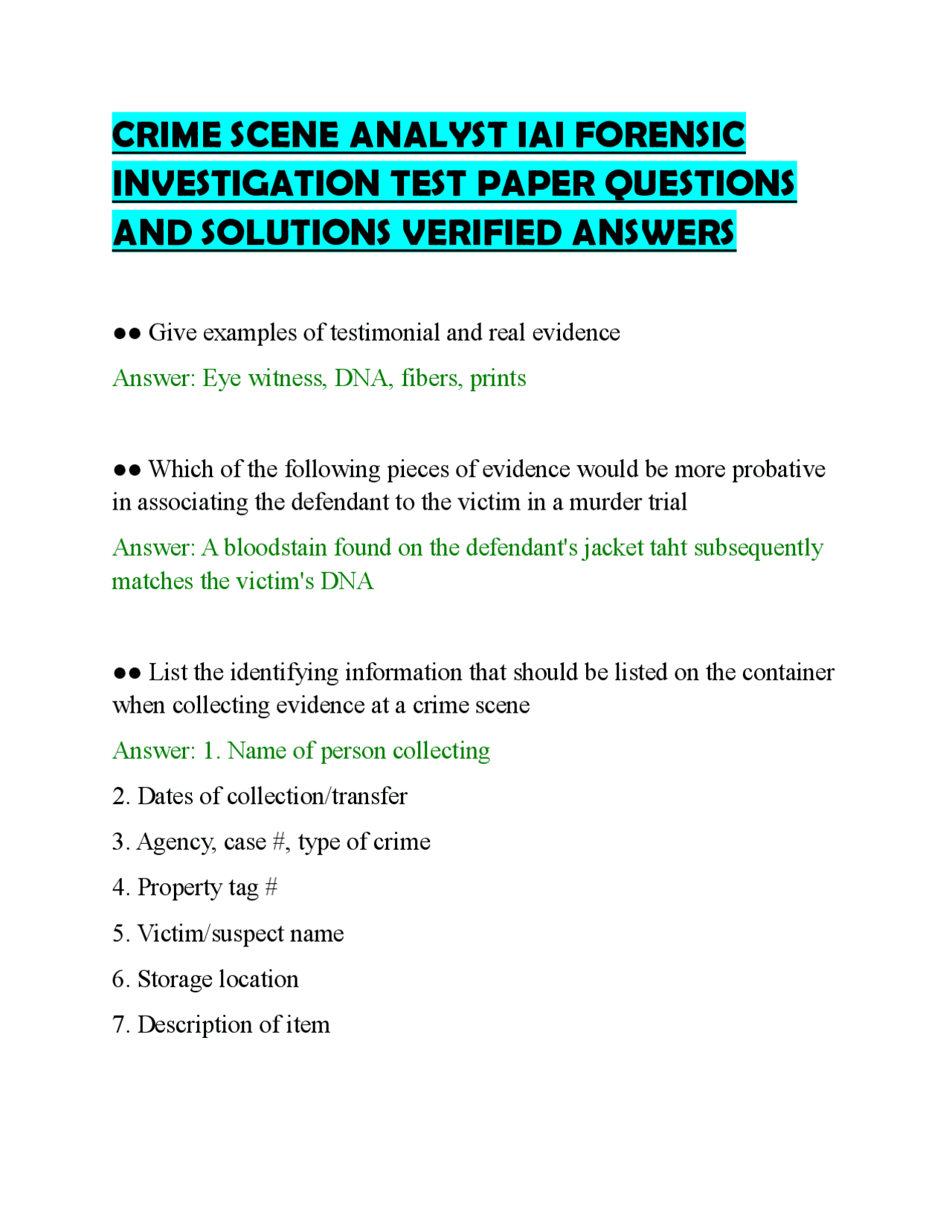 CRIME SCENE ANALYST IAI FORENSIC INVESTIGATION TEST PAPER QUESTIONS AND ...