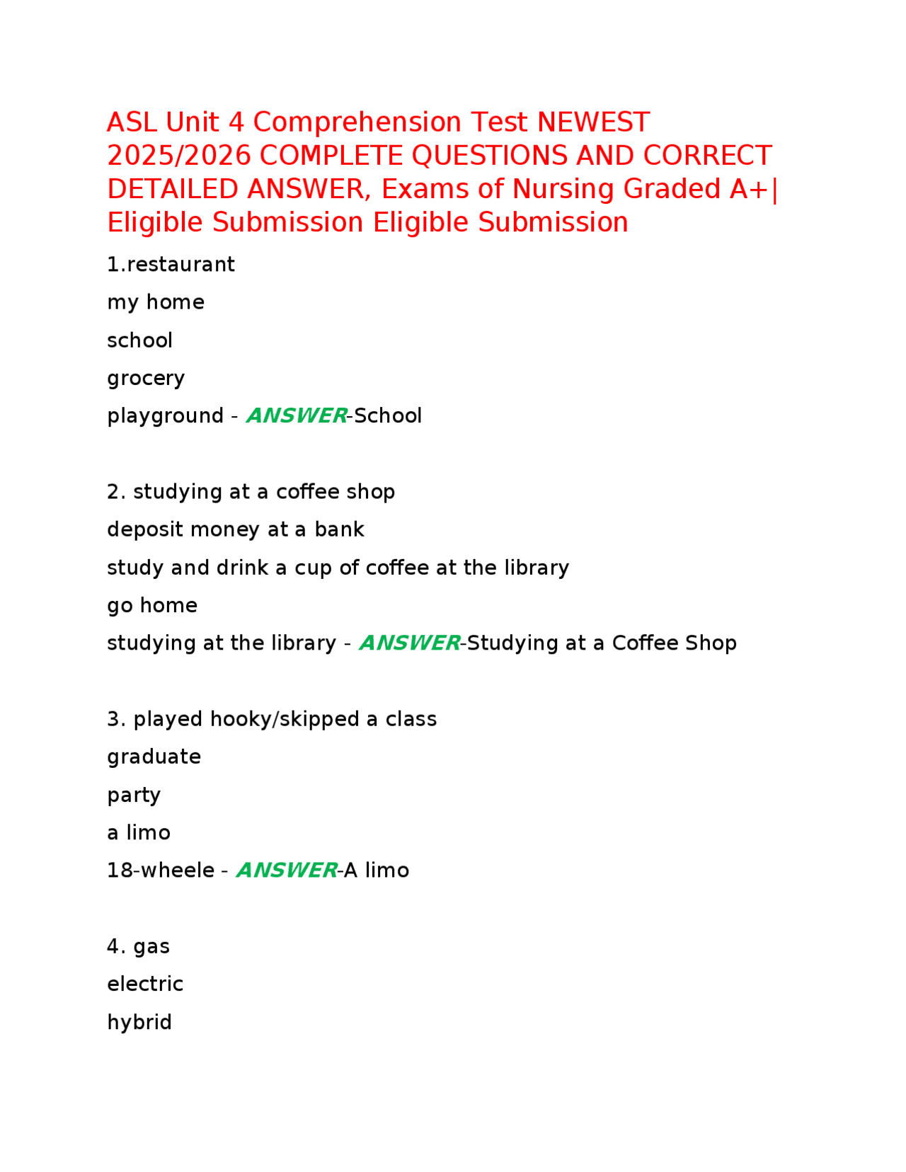ASL Unit 4 Comprehension Test NEWEST 2025/2026 COMPLETE QUESTIONS AND ...