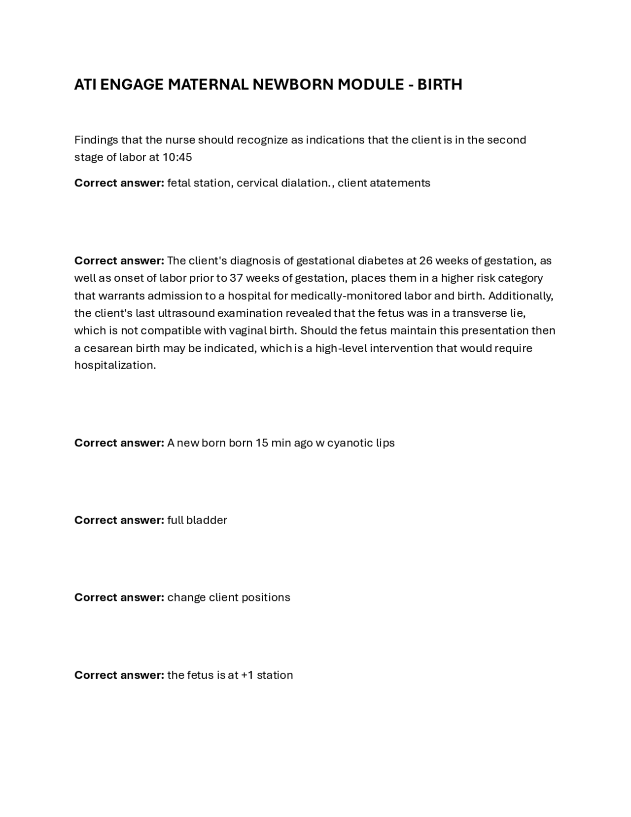 ATI Engage Maternal Newborn Module Birth Questions and Answers | Exams ...
