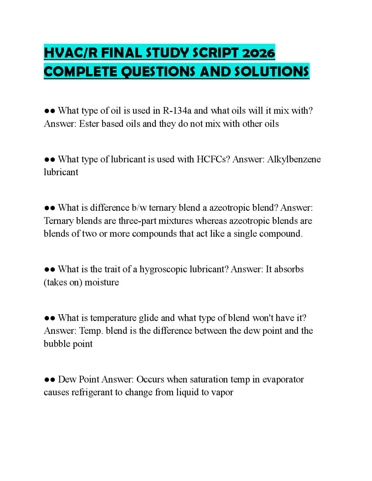 HVAC/R FINAL STUDY SCRIPT 2026 COMPLETE QUESTIONS AND SOLUTIO | Exams ...