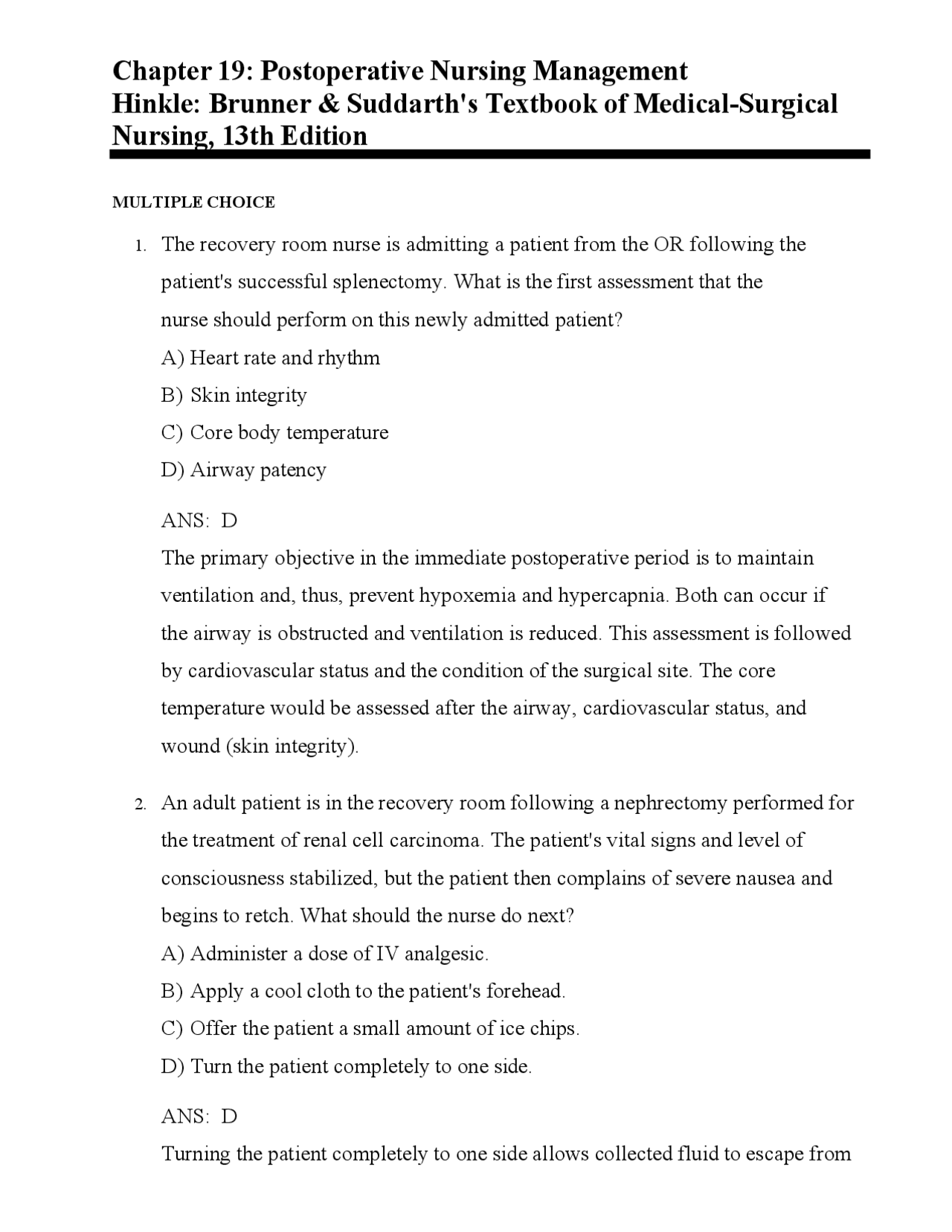 Chapter 19: Postoperative Nursing Management Hinkle: Brunner & Suddarth ...