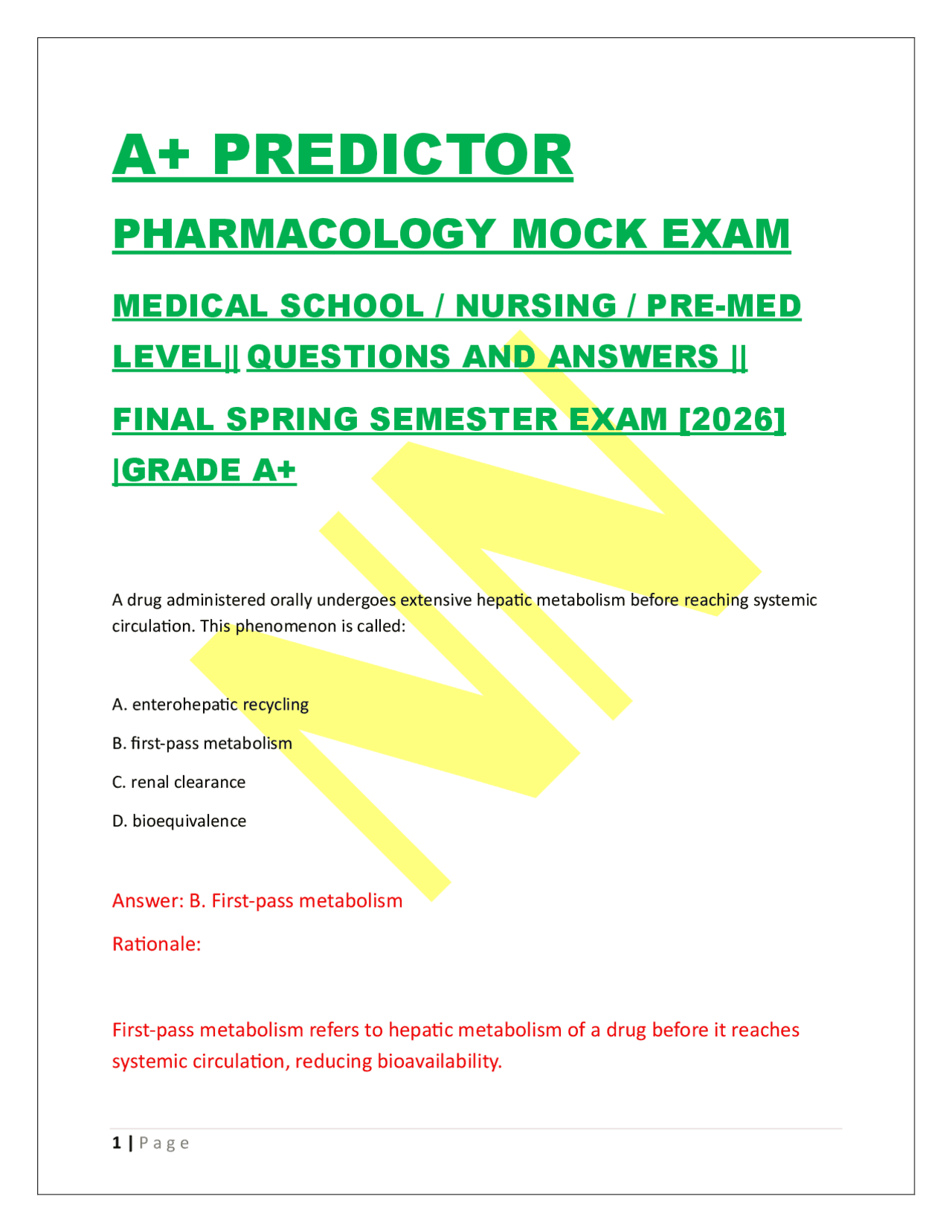 A+ PREDICTOR PHARMACOLOGY MOCK EXAM MEDICAL SCHOOL / NURSING / PRE-MED ...