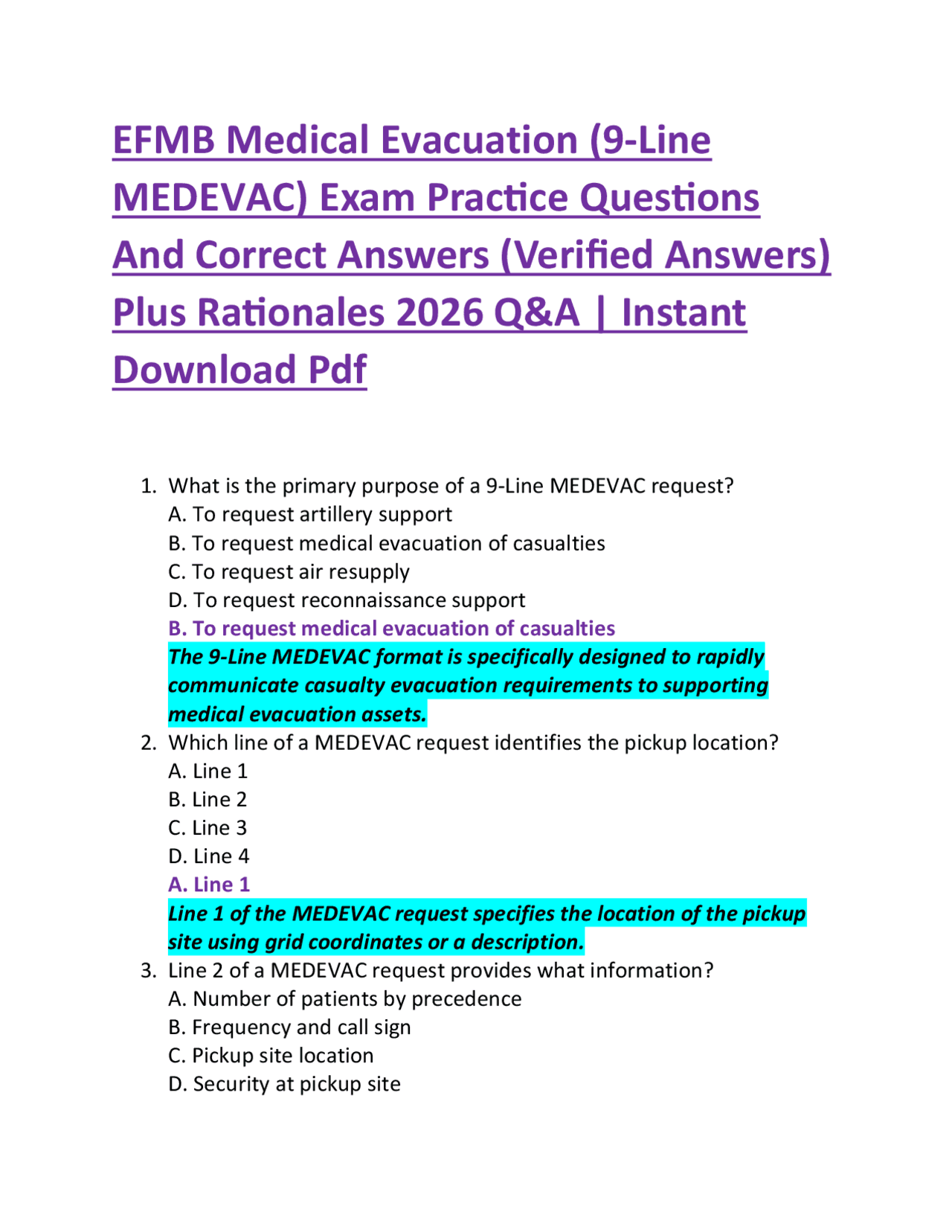 EFMB Medical Evacuation (9-Line MEDEVAC) Exam Practice Questions And ...