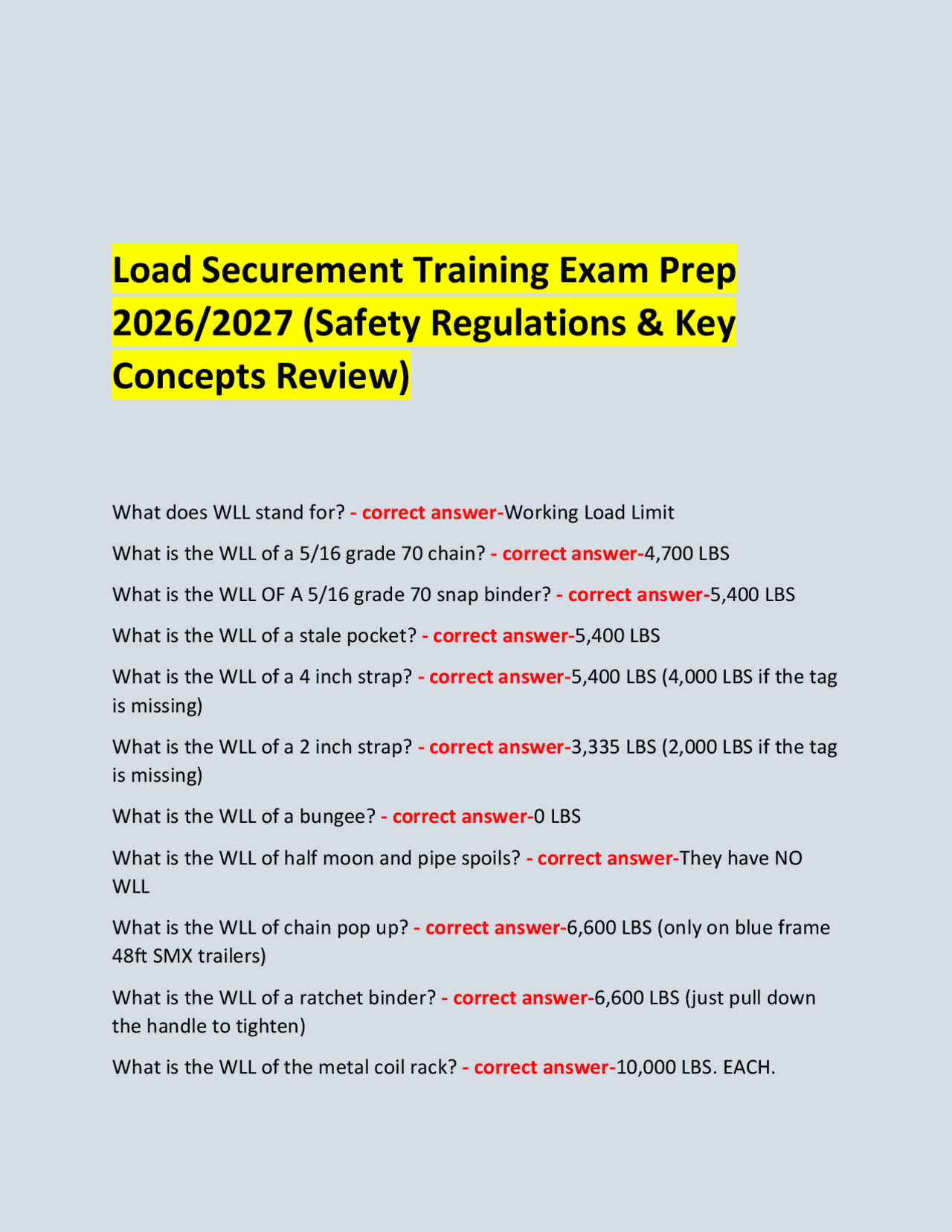 Load Securement Training Exam Prep 2026/2027 (Safety Regulations & Key ...
