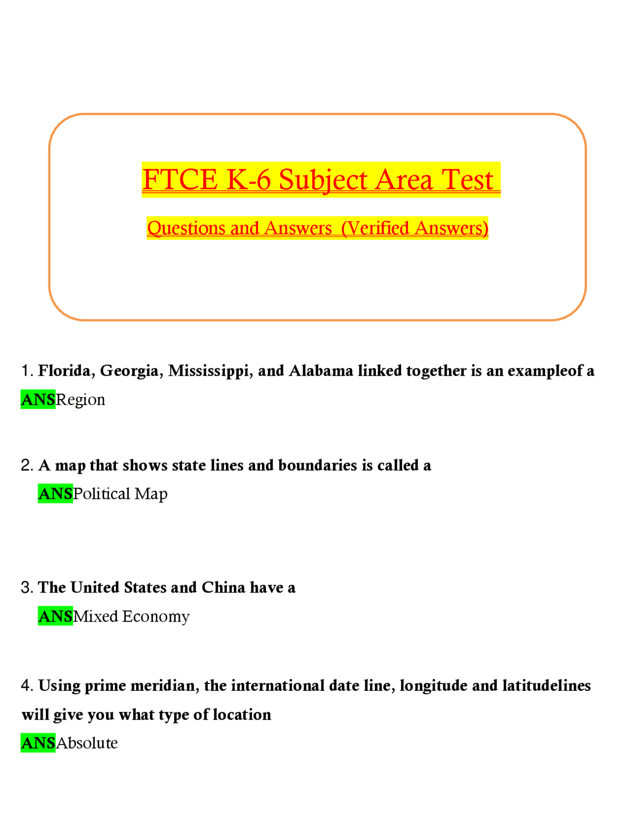 FTCE K-6 Subject Area Test (PDF) | (2026/2027) Verified Q&A | Social ...