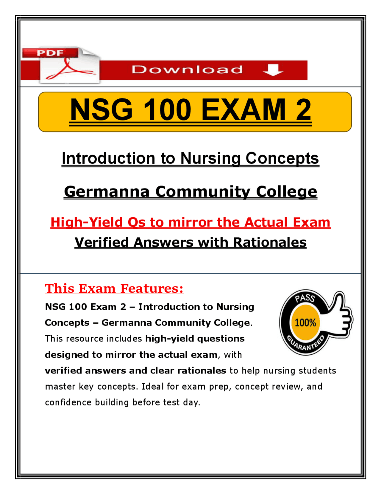 NSG 100 Exam 2 (PDF) | (2026/2027) Nursing Concepts Questions | GCC ...