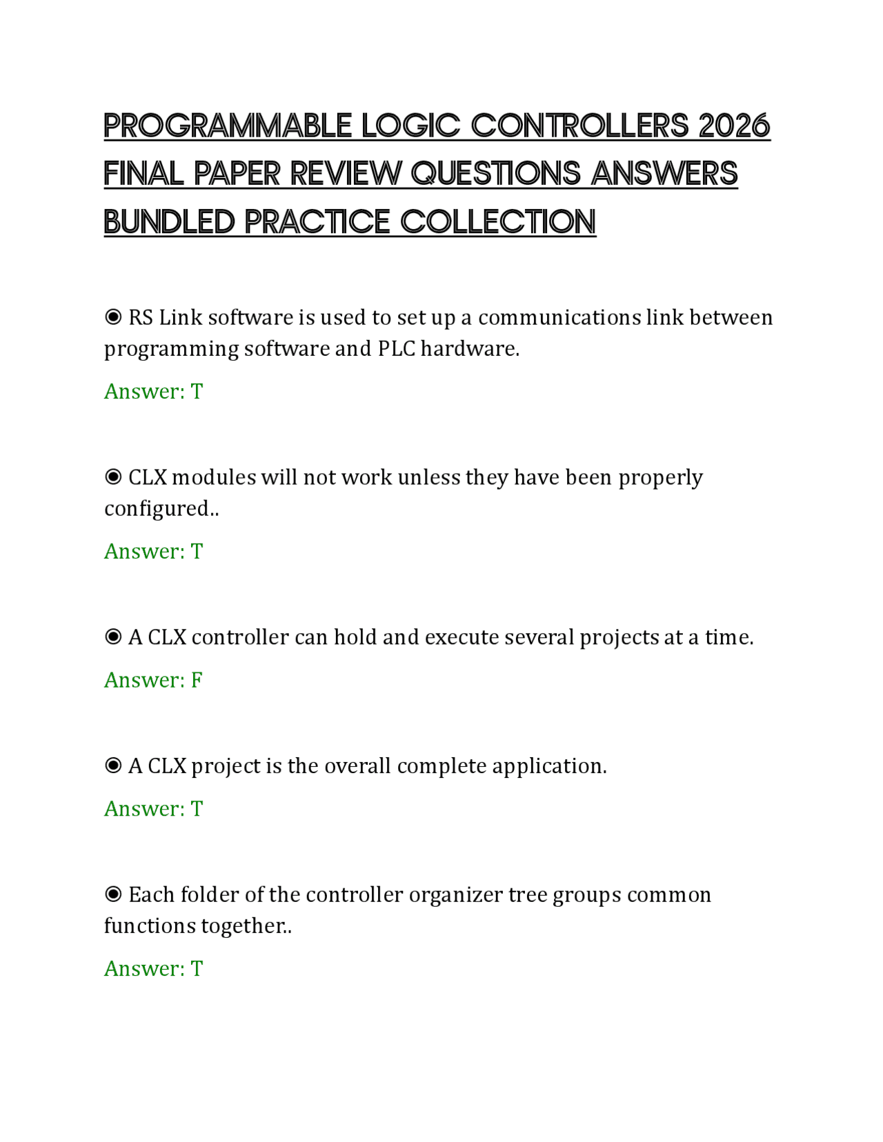 PROGRAMMABLE LOGIC CONTROLLERS 2026 FINAL PAPER REVIEW QUESTIONS ...