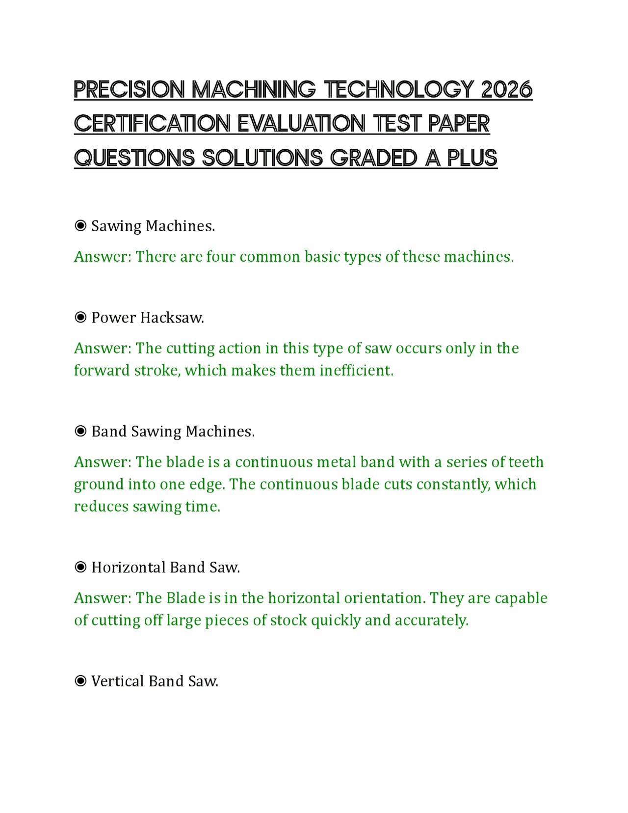 PRECISION MACHINING TECHNOLOGY 2026 CERTIFICATION EVALUATION TEST PAPER ...