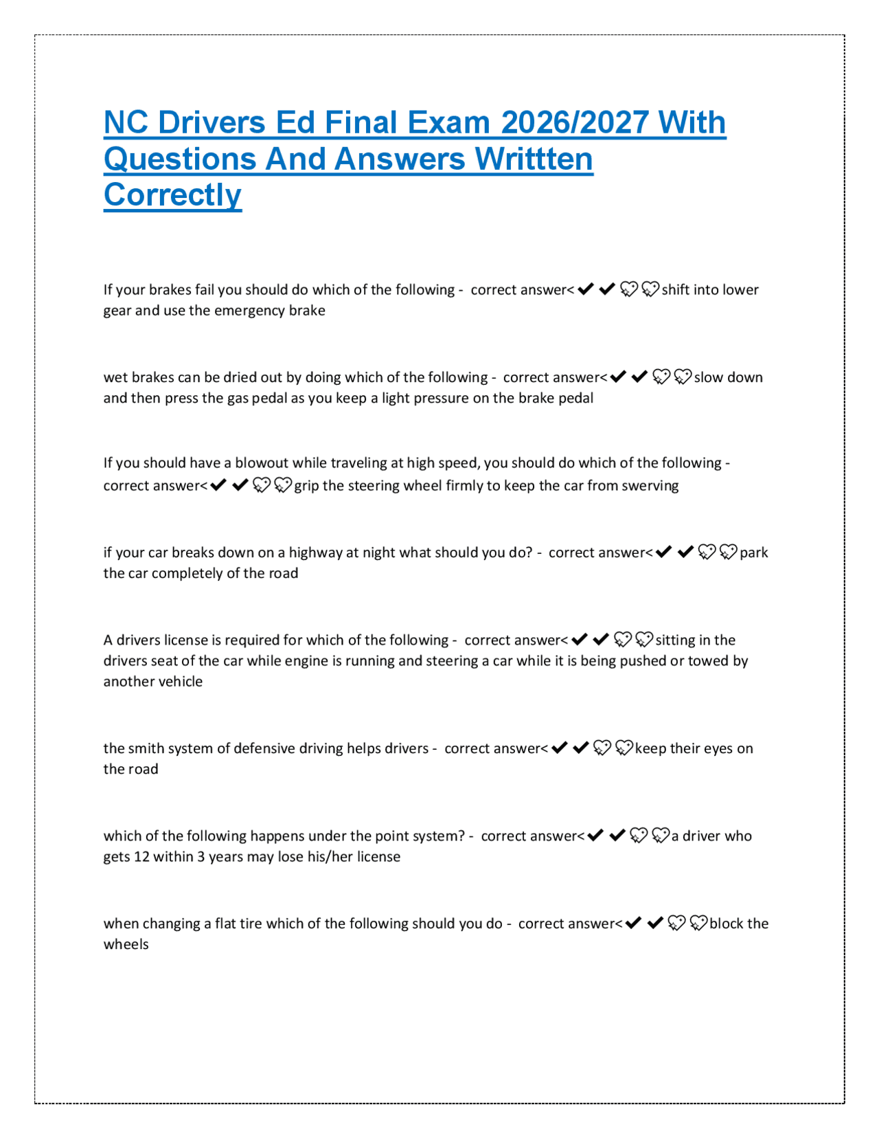 NC Drivers Ed Final Exam 2026/2027 with Questions and Answers Written ...
