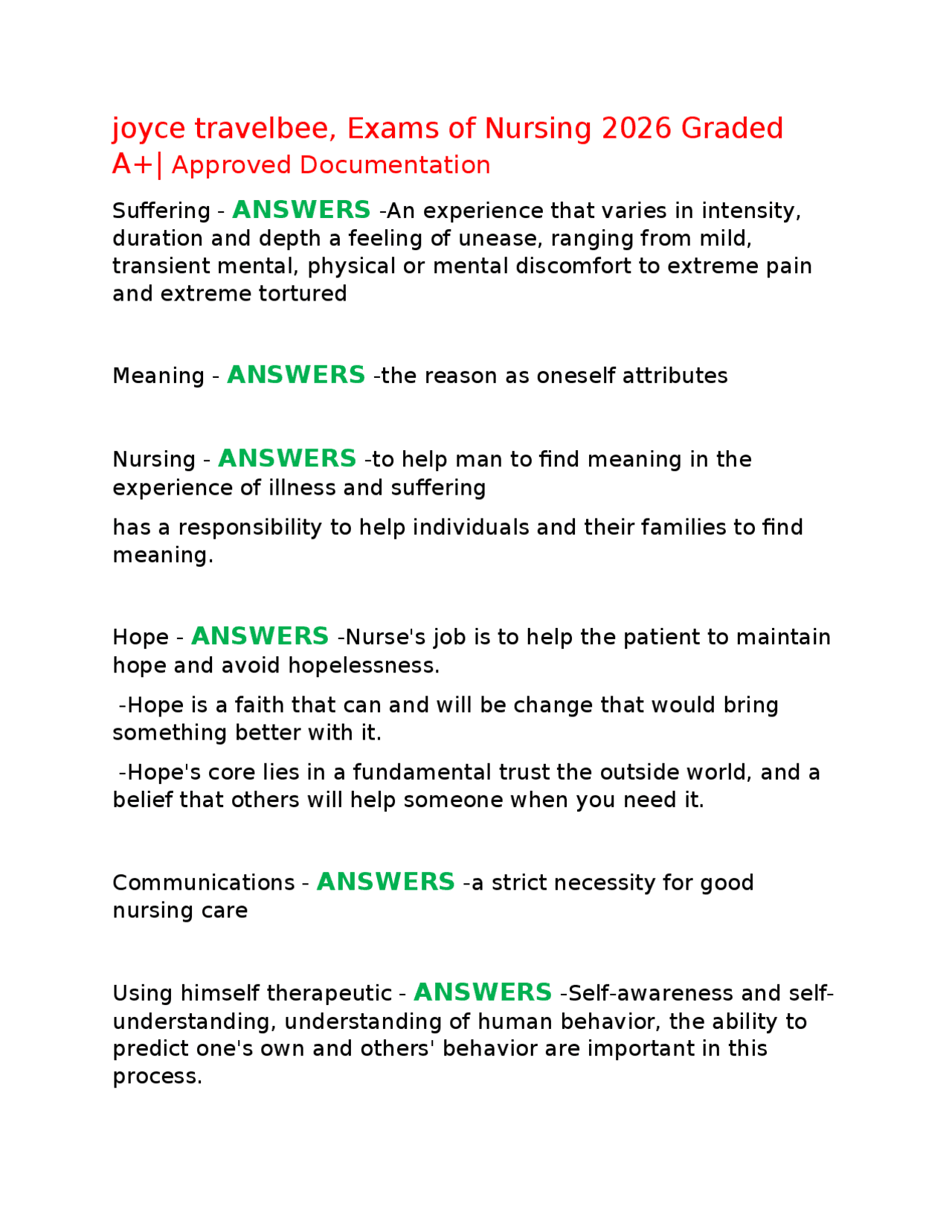 joyce travelbee, Exams of Nursing 2026 Graded A+| Approved ...