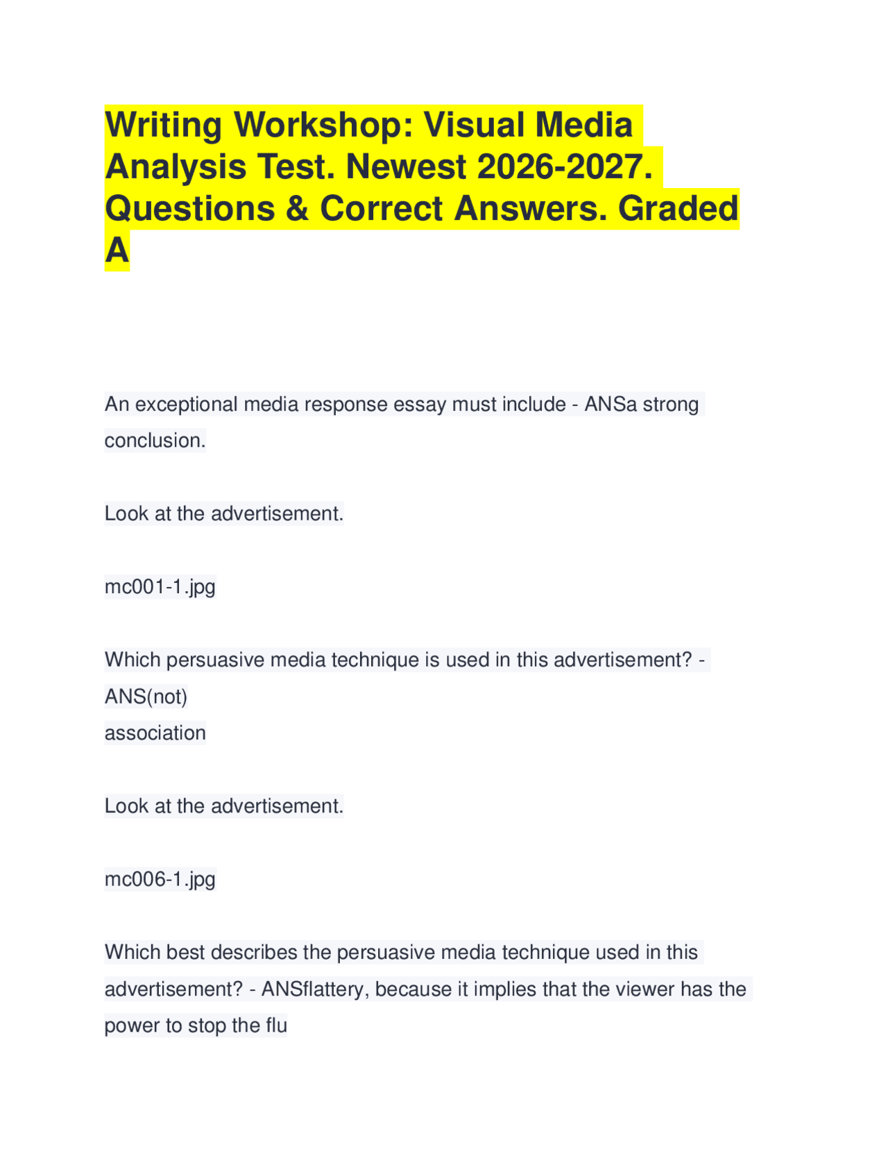 Writing Workshop: Visual Media Analysis Test 2026-27. Questions ...