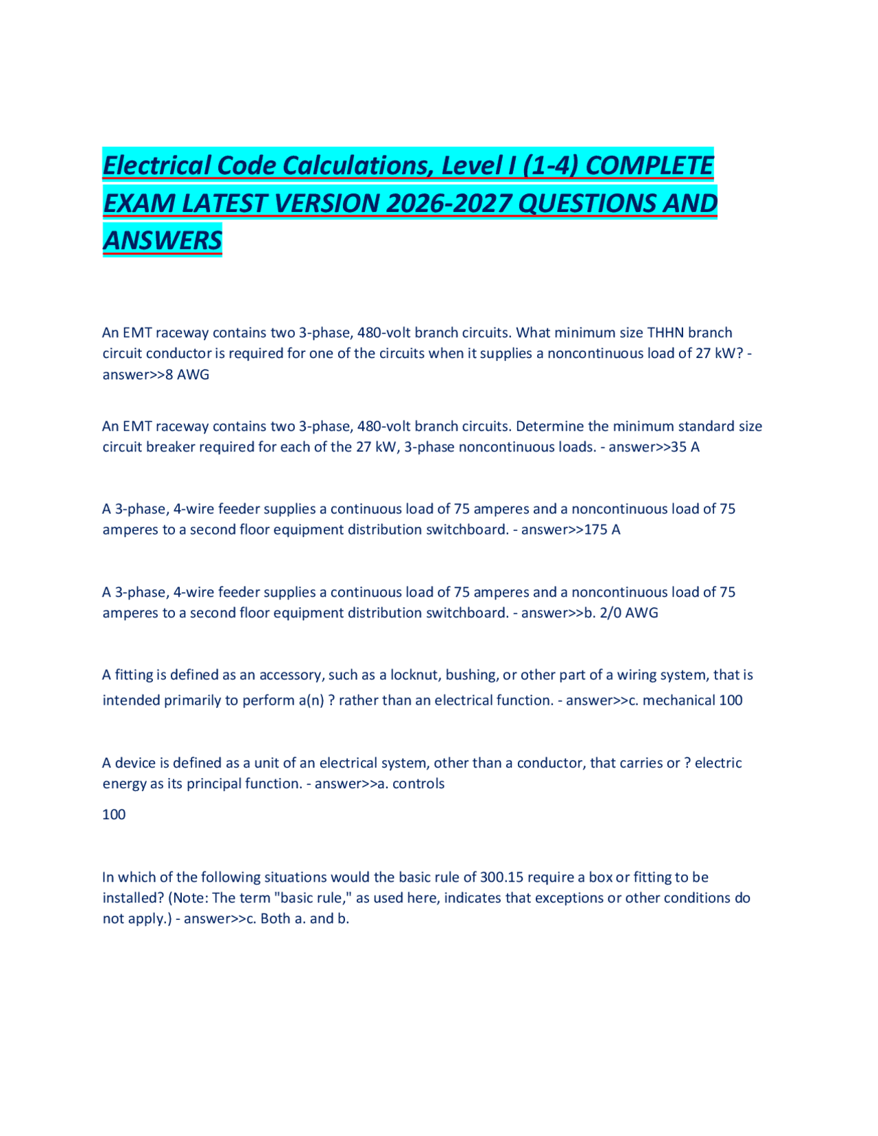Electrical Code Calculations, Level I (1-4) COMPLETE EXAM LATEST ...