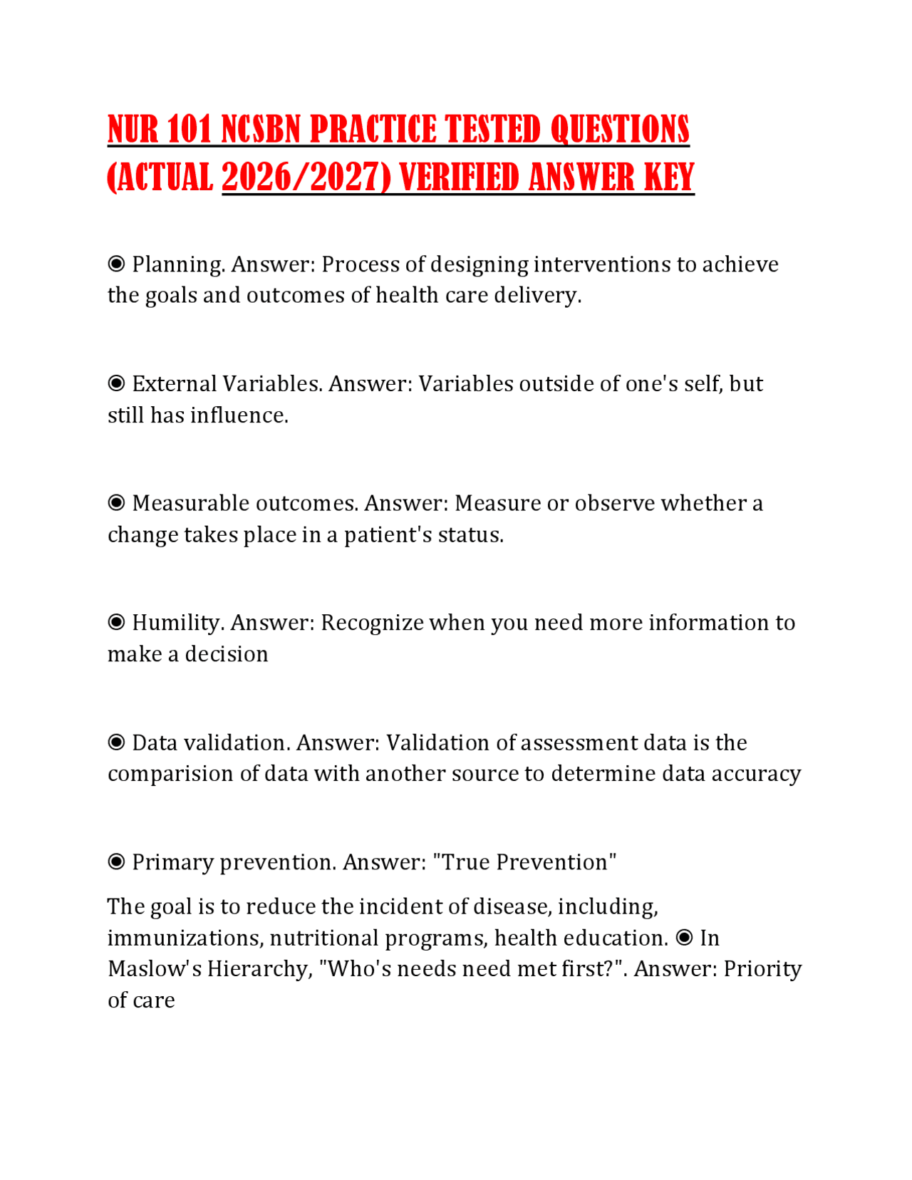 NUR 101 NCSBN PRACTICE TESTED QUESTIONS (ACTUAL 2026/2027) VERIFIED ...