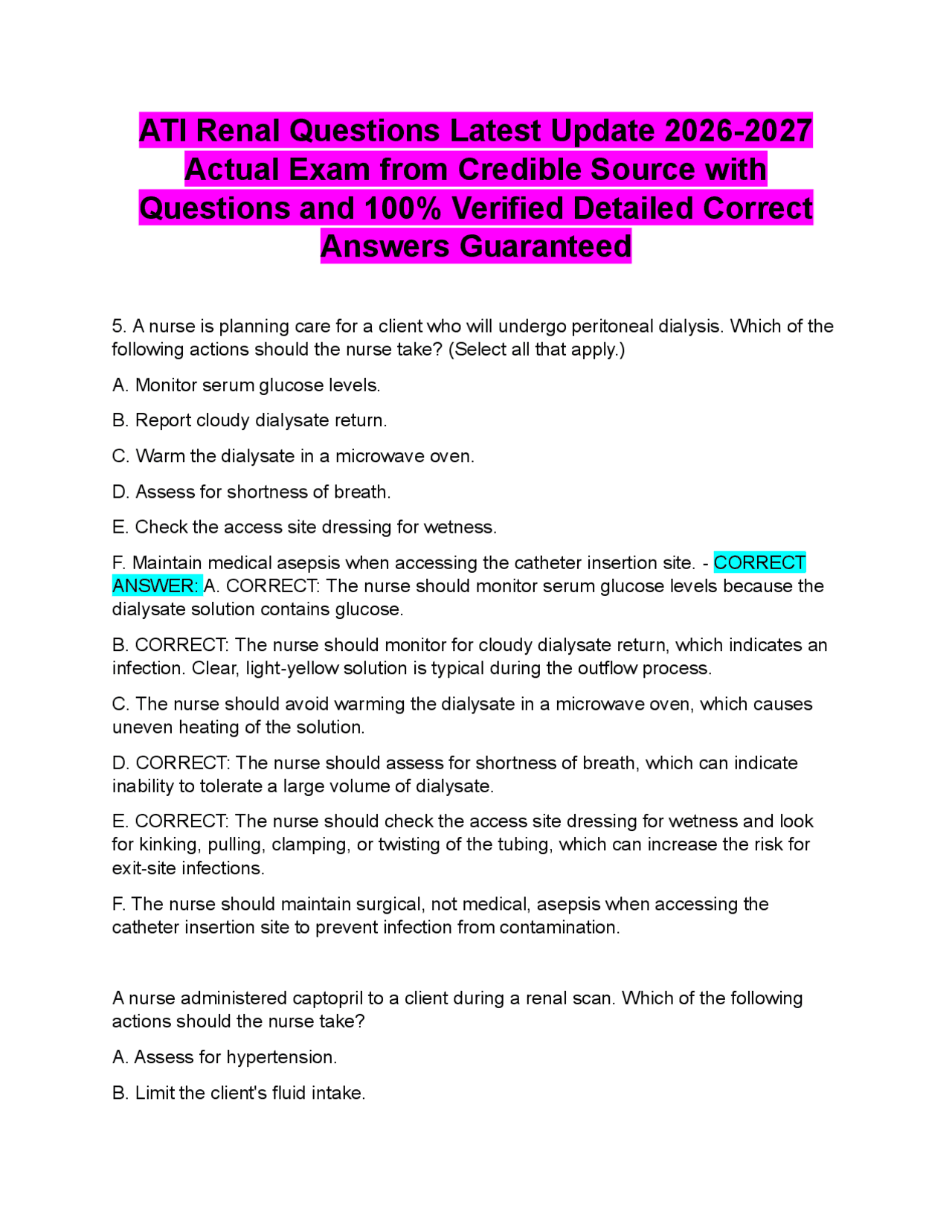 ATI Renal Questions Latest Update 2026-2027 Actual Exam from Credible ...