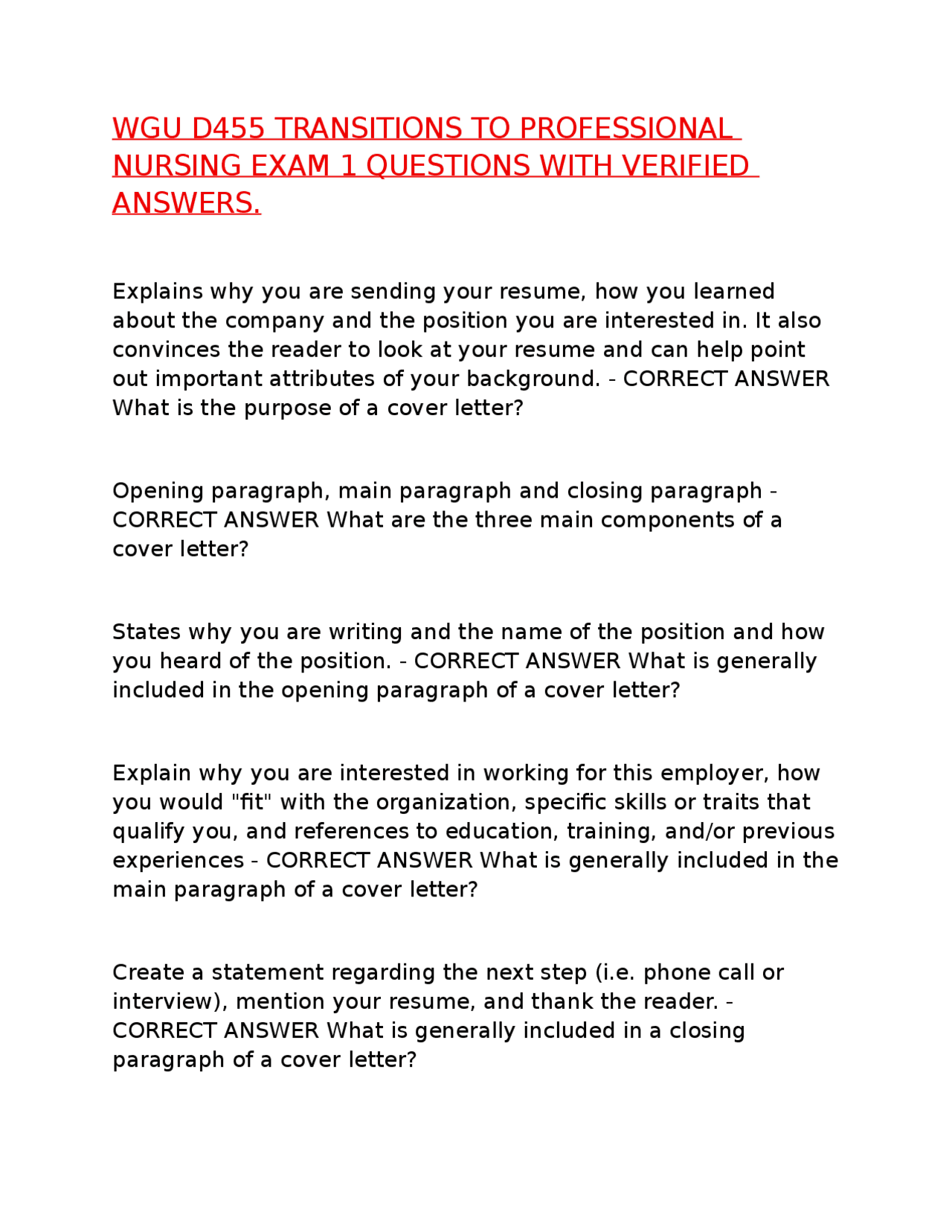 WGU D455 TRANSITIONS TO PROFESSIONAL NURSING EXAM 1 QUESTIONS WITH ...
