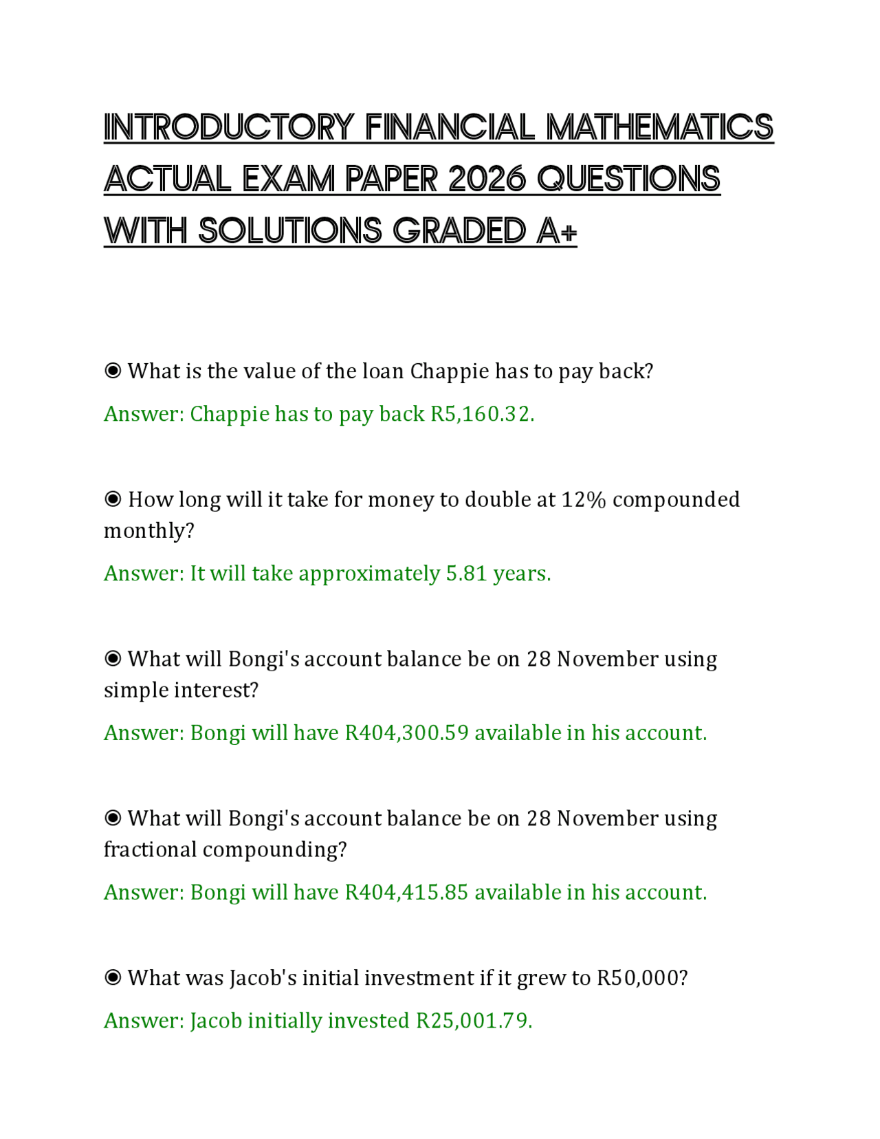 INTRODUCTORY FINANCIAL MATHEMATICS ACTUAL EXAM PAPER 2026 QUESTIONS ...