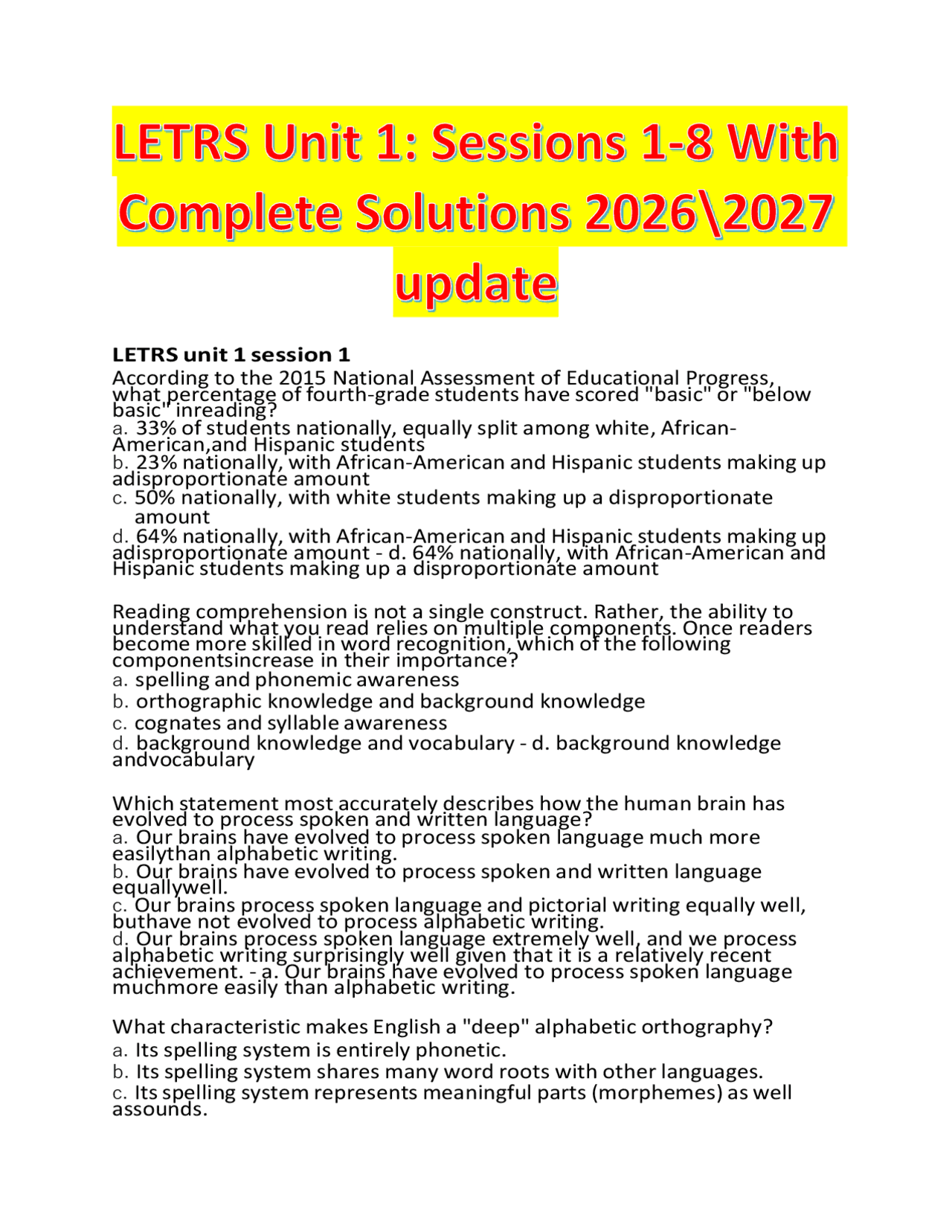 LETRS Unit 1 Sessions 1-8: Complete Q&A Study Guide 2026 | Exams ...