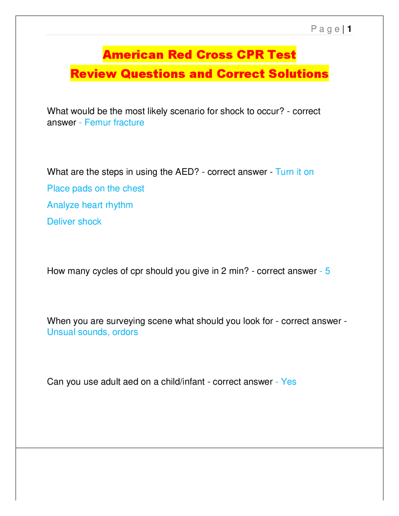 American Red Cross CPR Test Review Questions and Correct Solutions ...