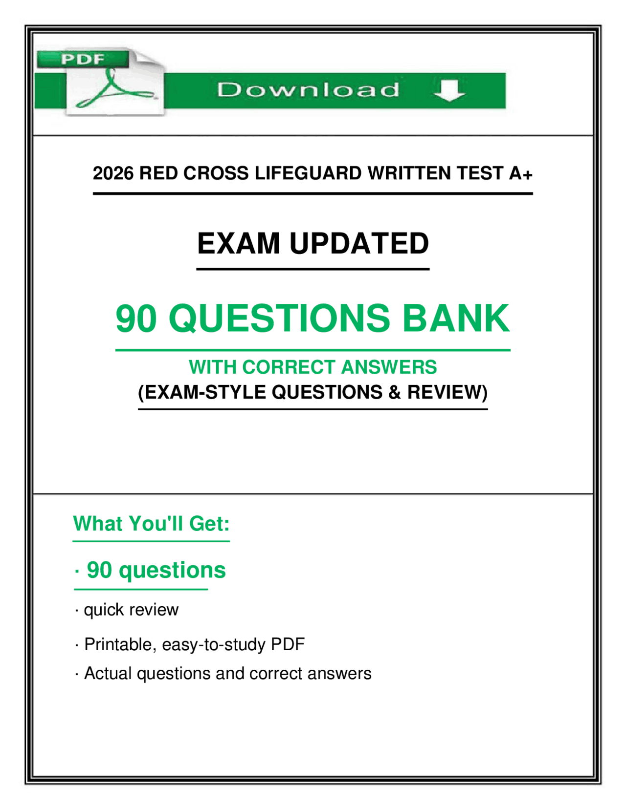 2026 RED CROSS LIFEGUARD WRITTEN TEST A+ EXAM UPDATED 90 QUESTIONS BANK ...