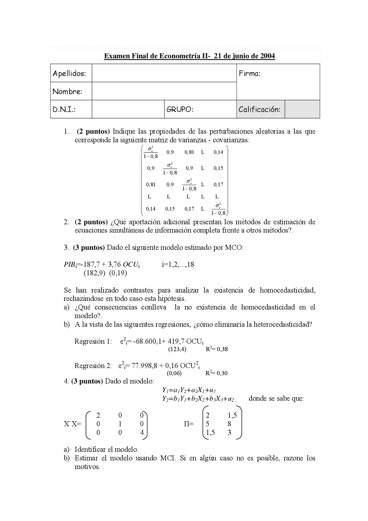 Econometría 06 2004 - Exámenes de Econometría - Docsity