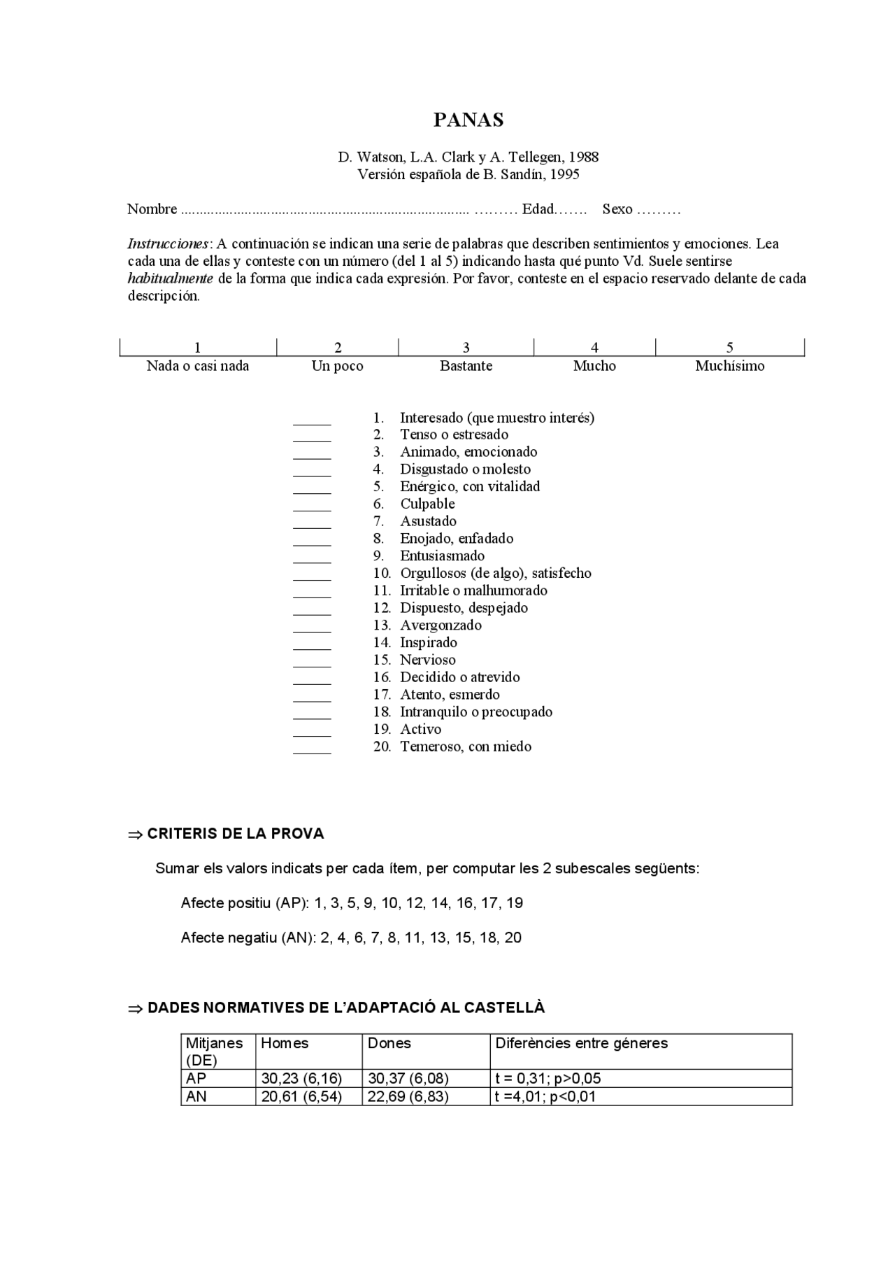 PANAS [.pdf] - Apuntes de Psicología - Docsity