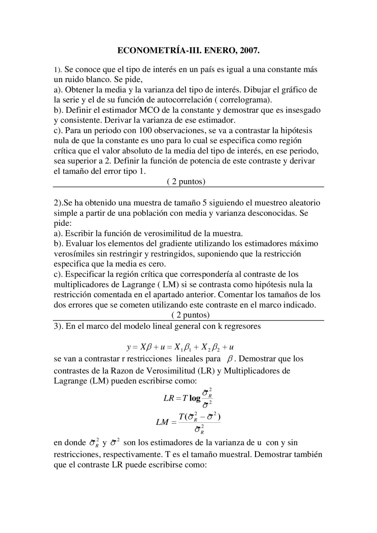 Econometría 01 2007 - Exámenes de Econometría - Docsity