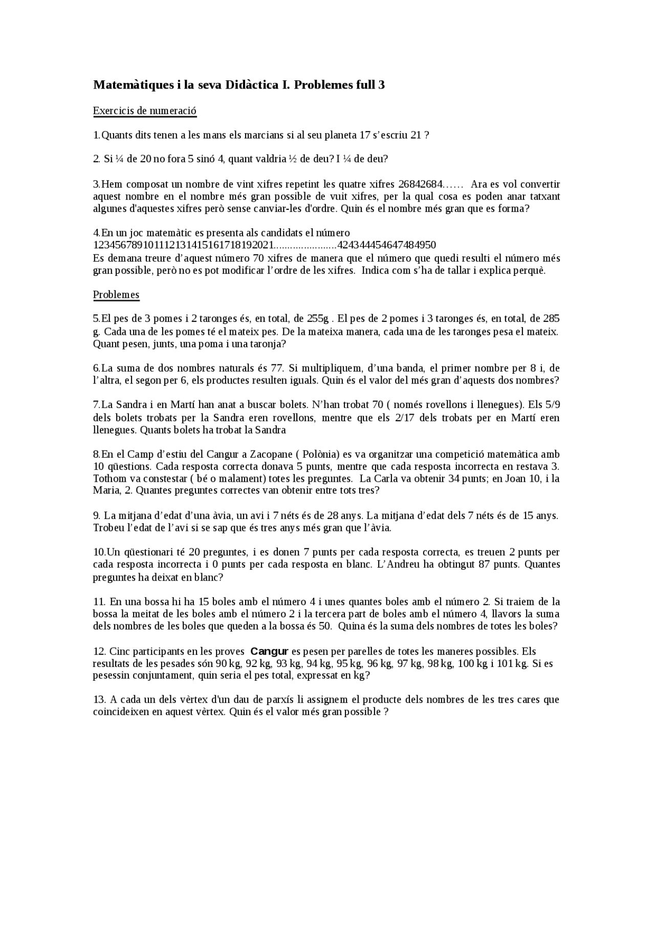 PROBLEMES FULL 3 - Ejercicios de Matemáticas - Docsity