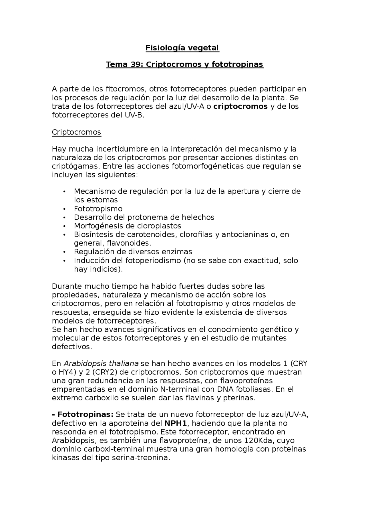 Fisio Vegetal. Tema 38 - Criptocroms i fototropines - Apuntes de ...