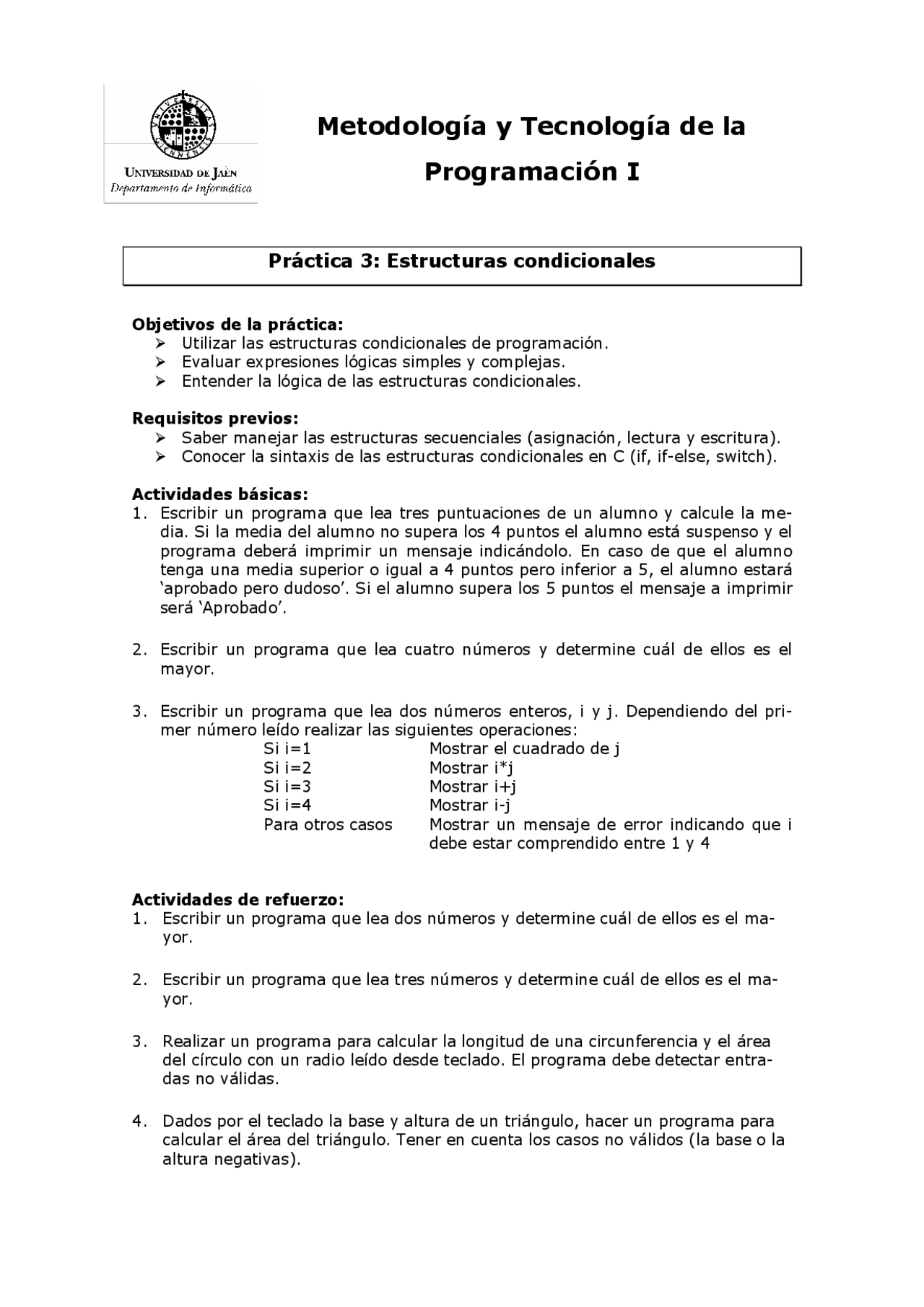 Práctica 3: Estructuras Condicionales en Metodología y Tecnología de la ...