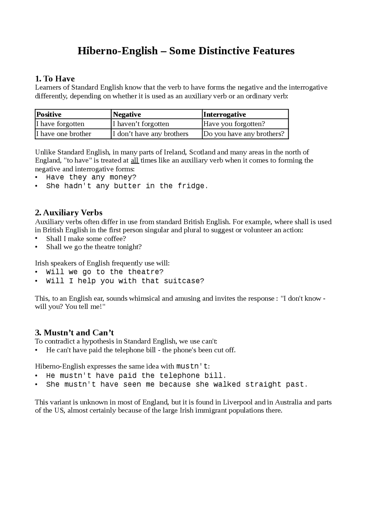 Hiberno-english features - Apuntes de Idioma Inglés - Docsity