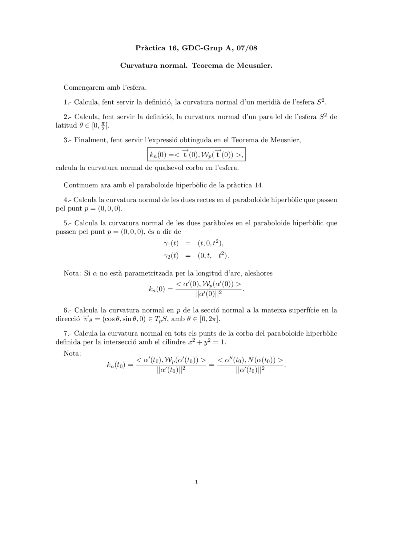 Curvatura normal. Teorema de Meusnier - Apuntes de Geometría - Docsity