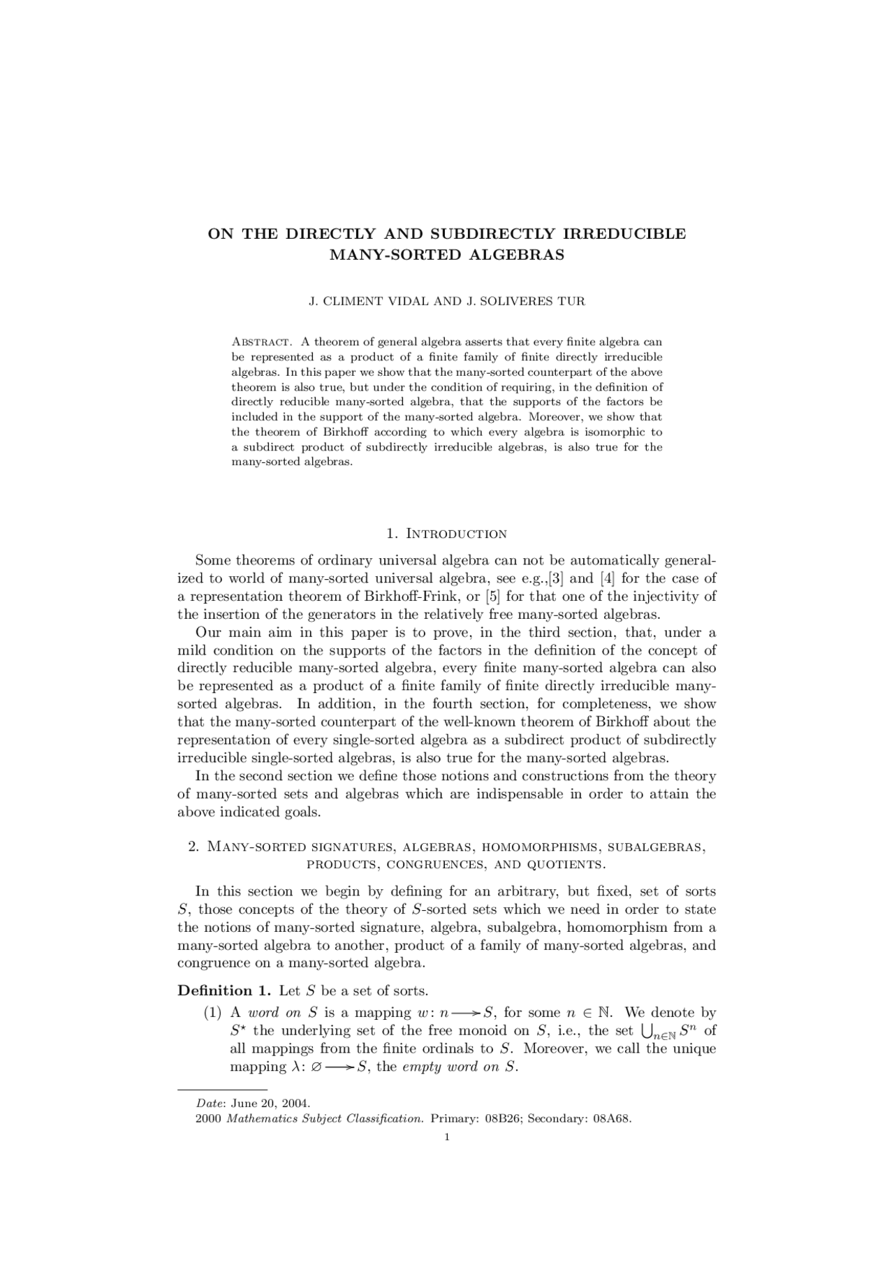 Articulo On the directly and subdirectly irreducible many-sorted ...