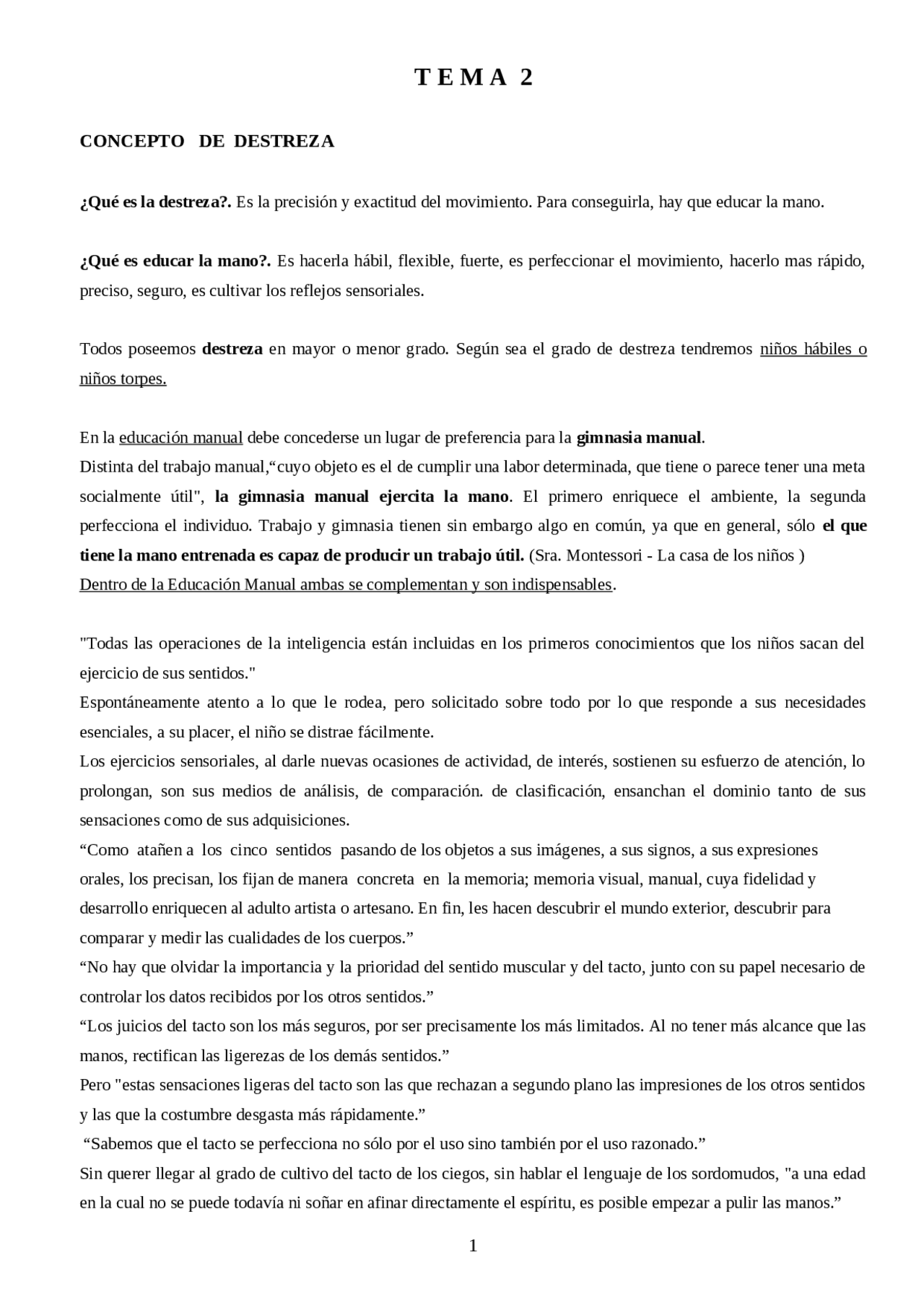El concepto de destreza - Apuntes de Ciencias de la Educación - Docsity