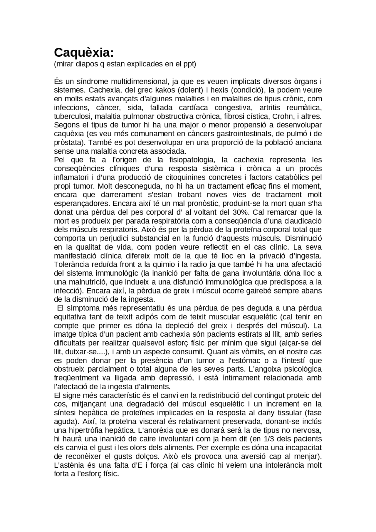 Caquèxia d'origen oncològic - Apuntes de Fisiopatología - Docsity