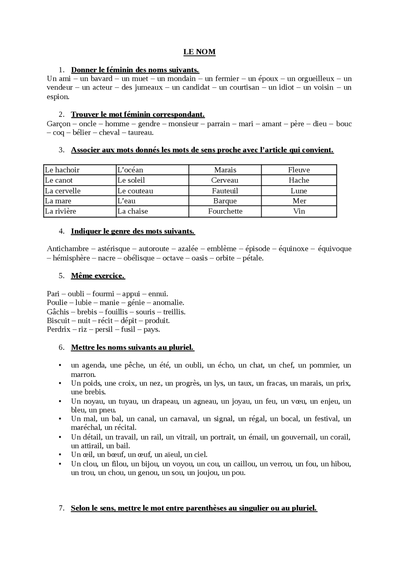 EXERCICE: LE NOM - Apuntes de Idioma Francés | Docsity