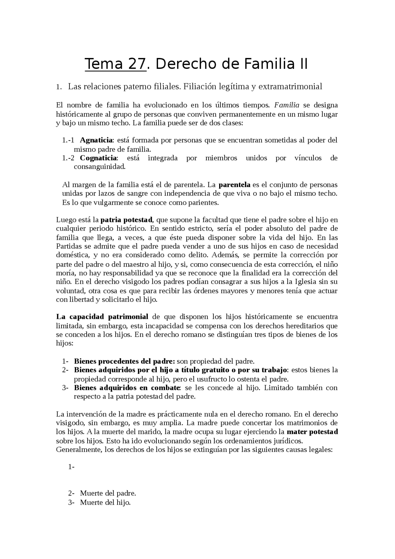 Tema 27. Derecho de Familia II Las relaciones paterno filiales. Fil ...