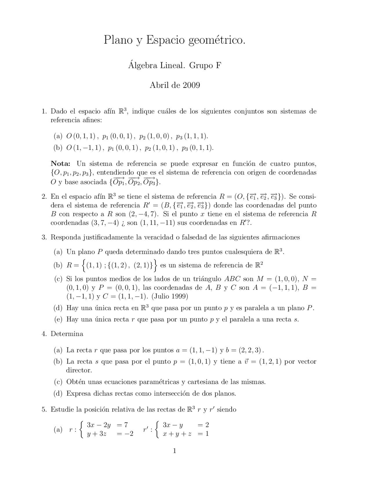 Espacio afin (ejercicios) - Exercises for Linear Algebra | Docsity