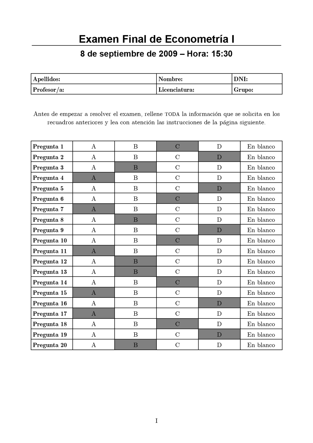 Econometría 09 2009 - Exámenes de Econometría - Docsity