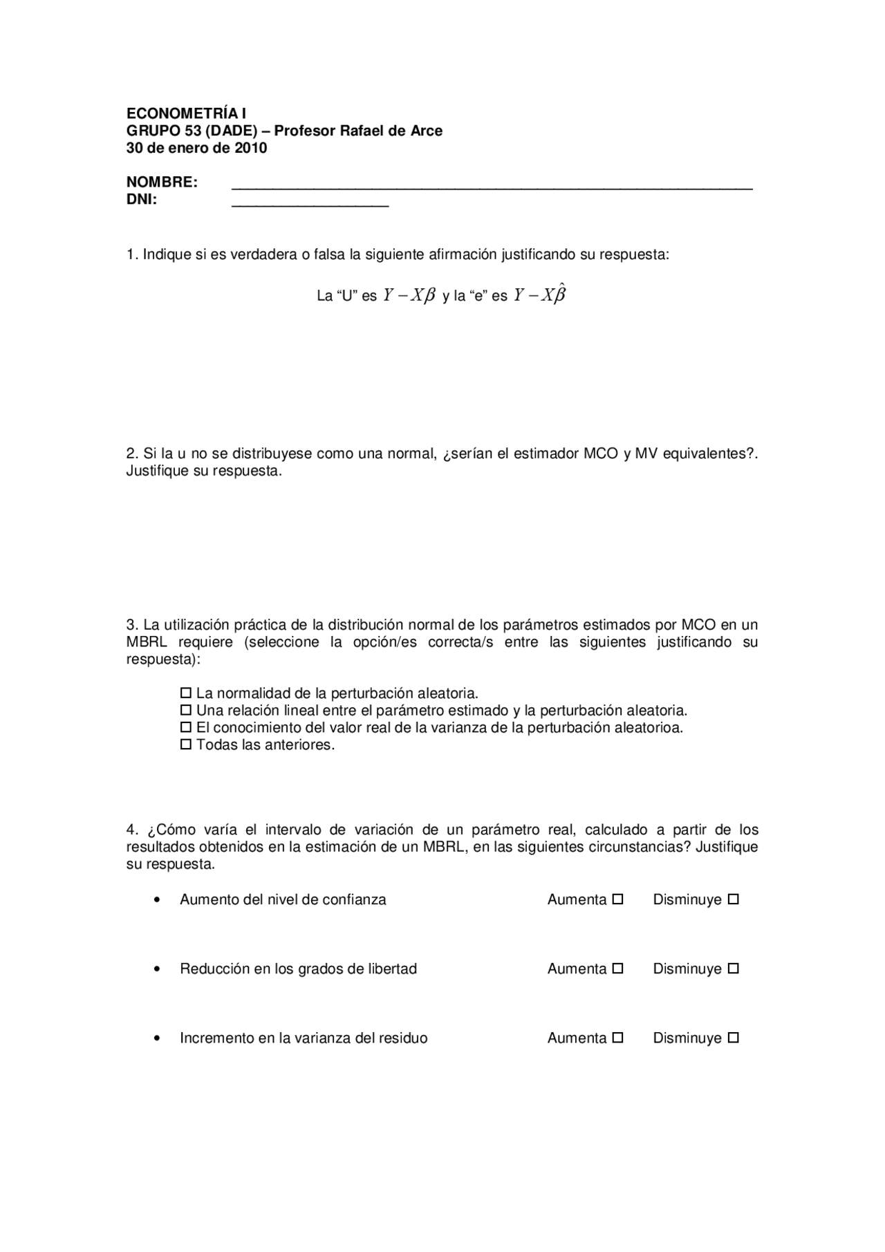 Econometría 01 2011 - Exámenes de Econometría - Docsity