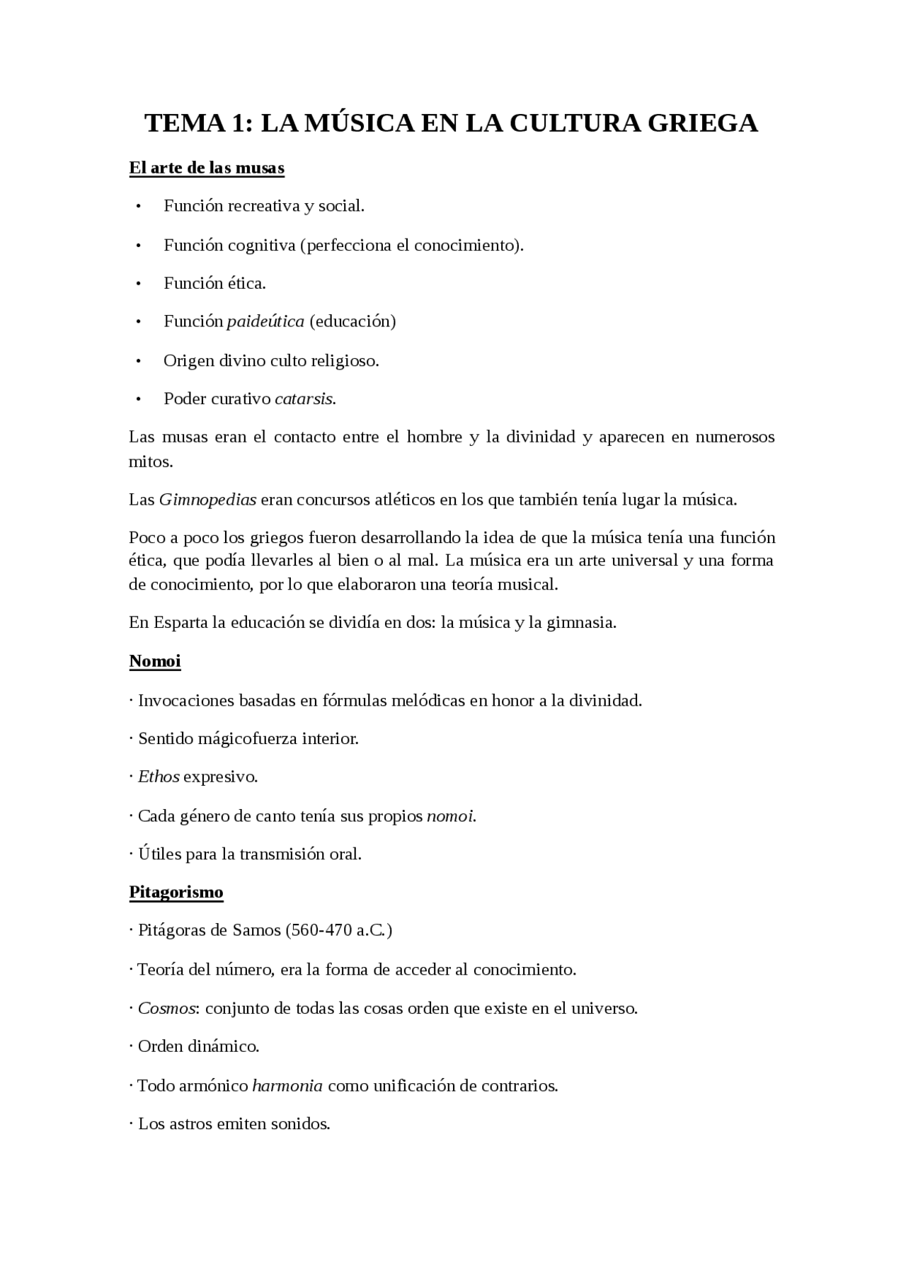 Música en la cultura griega - Apuntes de Historia del Arte - Docsity