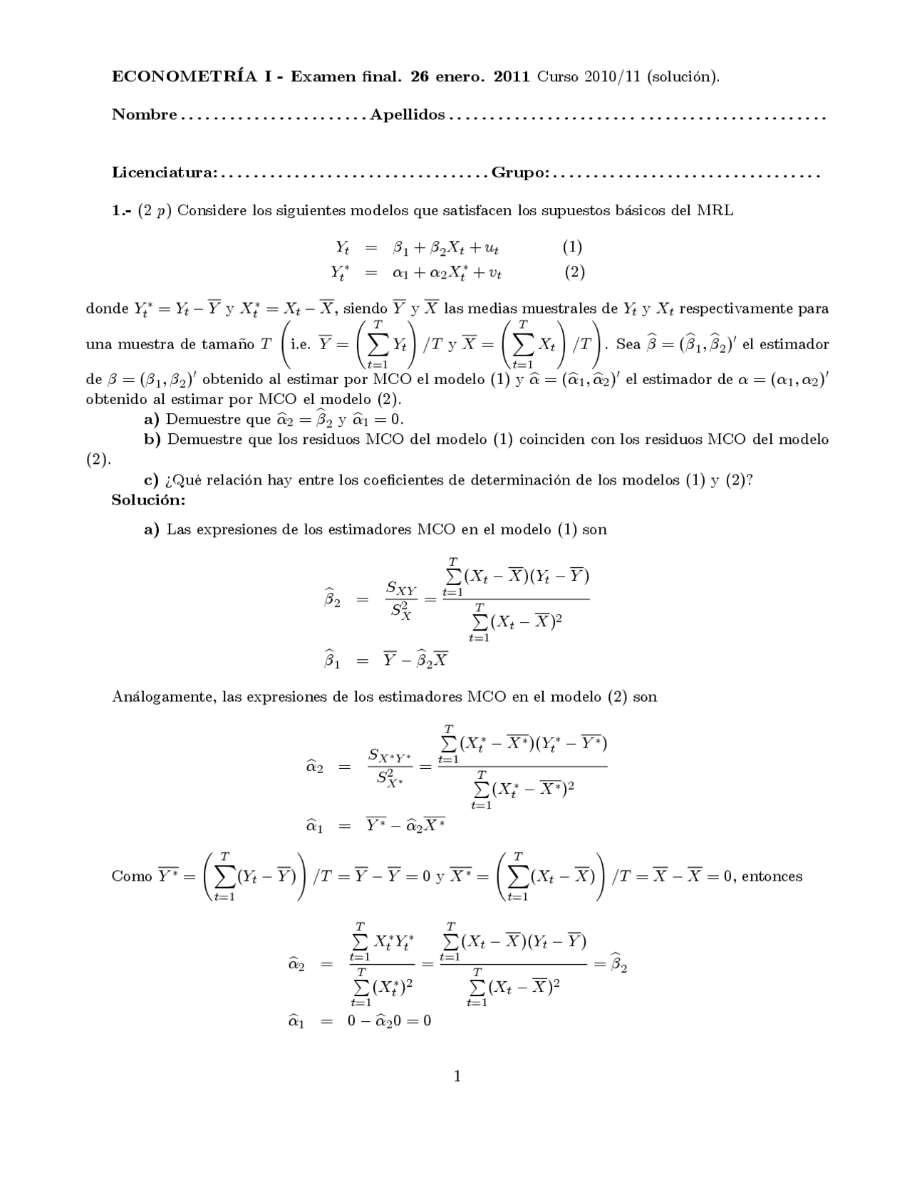 Econometría 02 2011 - Exámenes de Econometría - Docsity