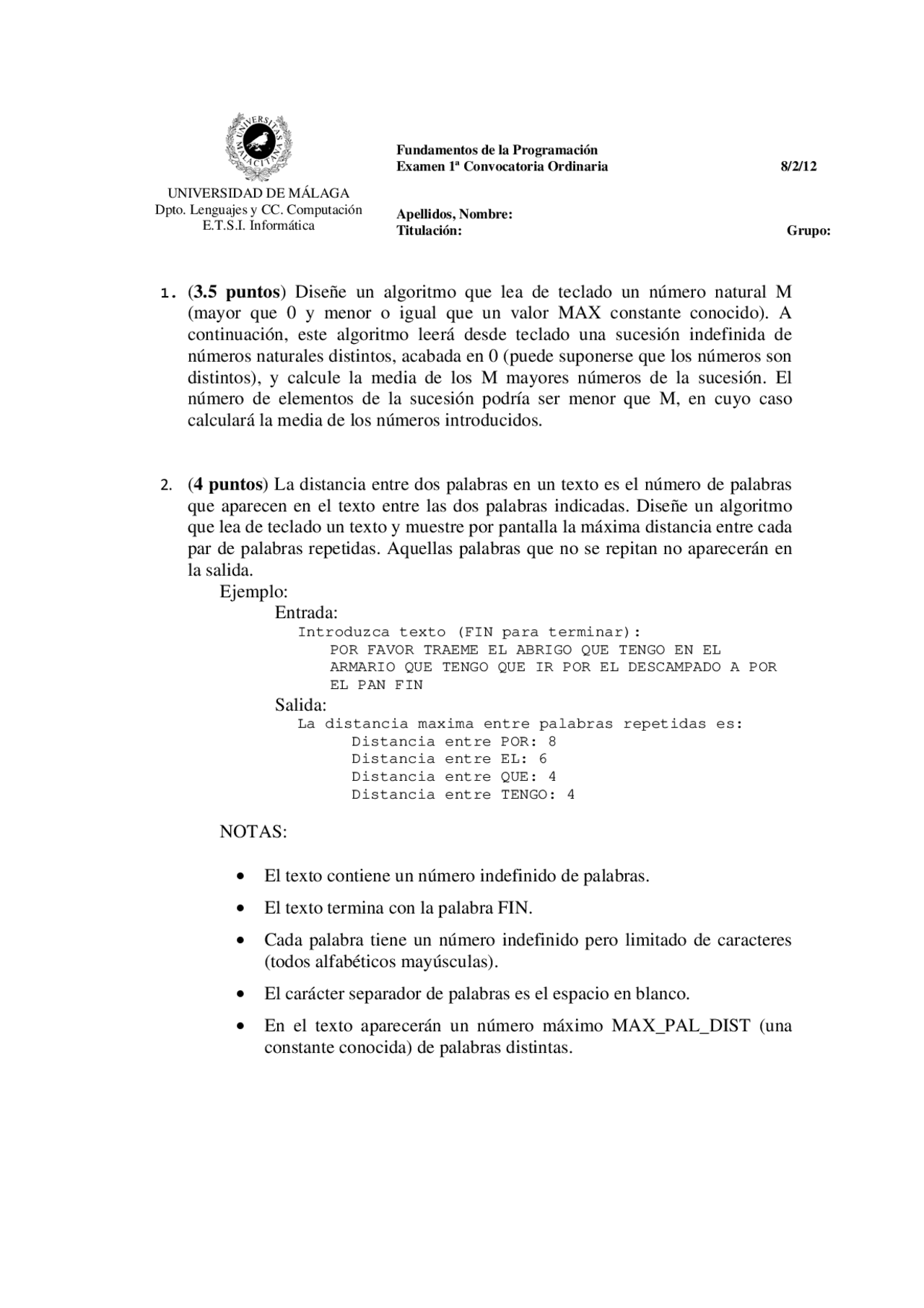 Fundamentos de Programación: Algoritmos para leer texto y calcular distancias de palabras ...