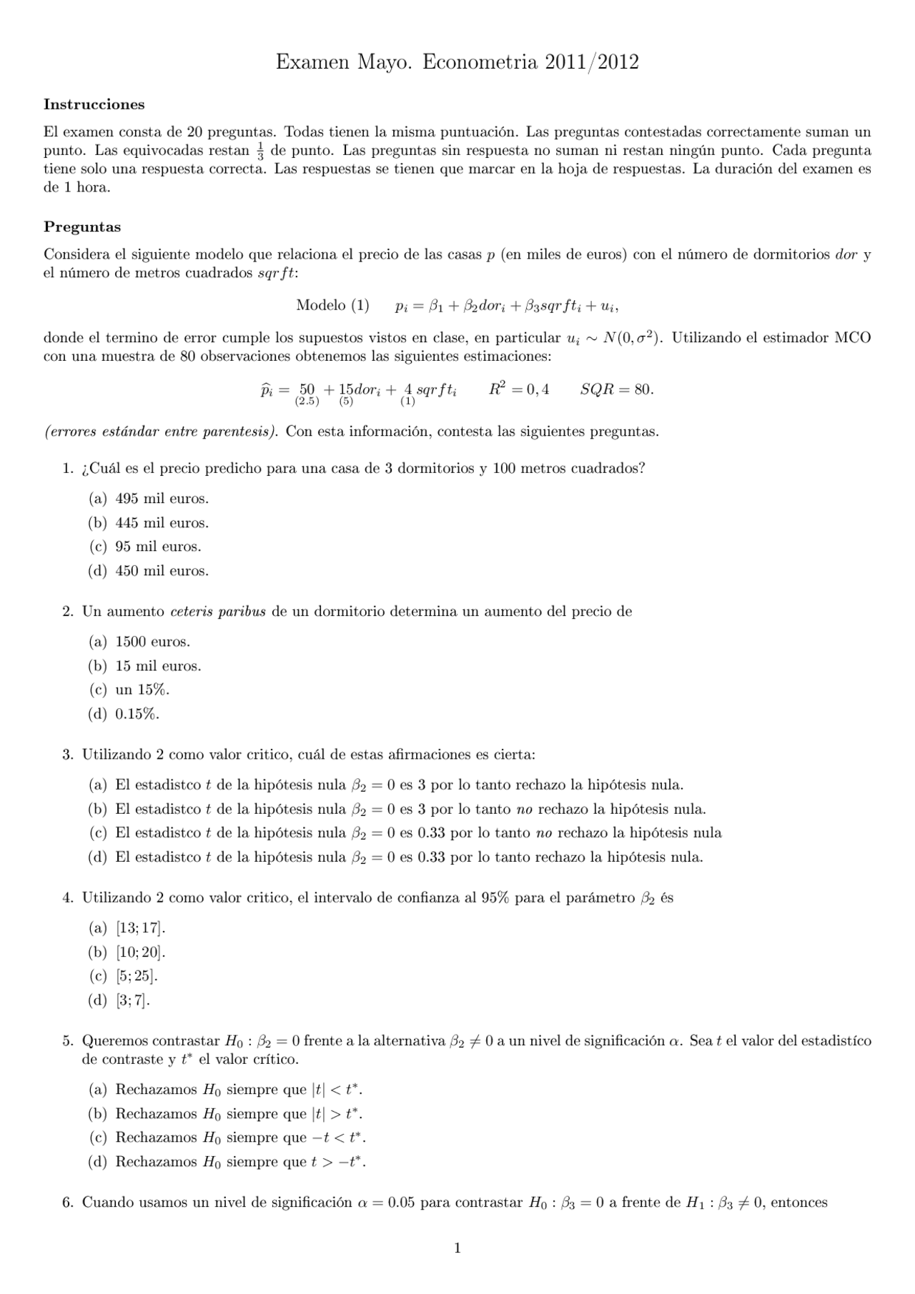Econometría 05 2012 - Exámenes de Econometría - Docsity