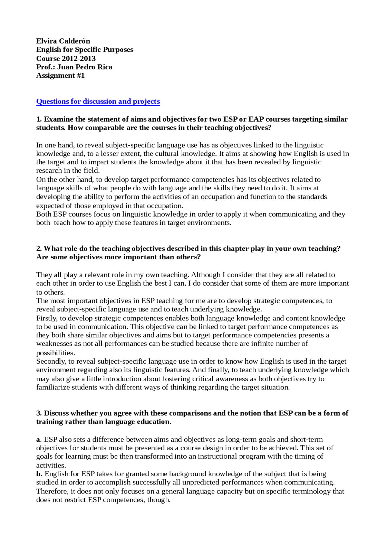 Task 1. What is ESP? Activities - Apuntes de Filología Inglesa - Docsity