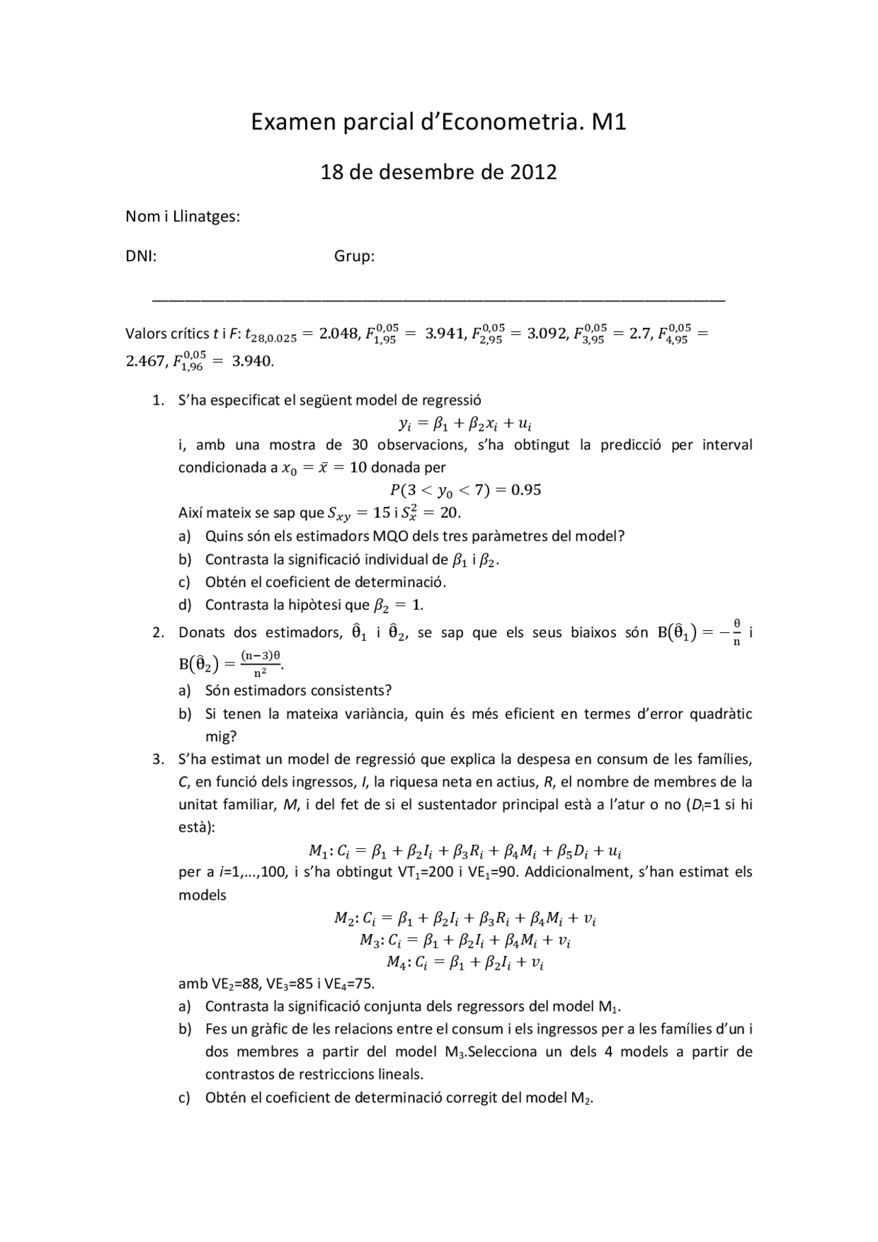 Econometría 12 2012 - Exámenes de Econometría - Docsity